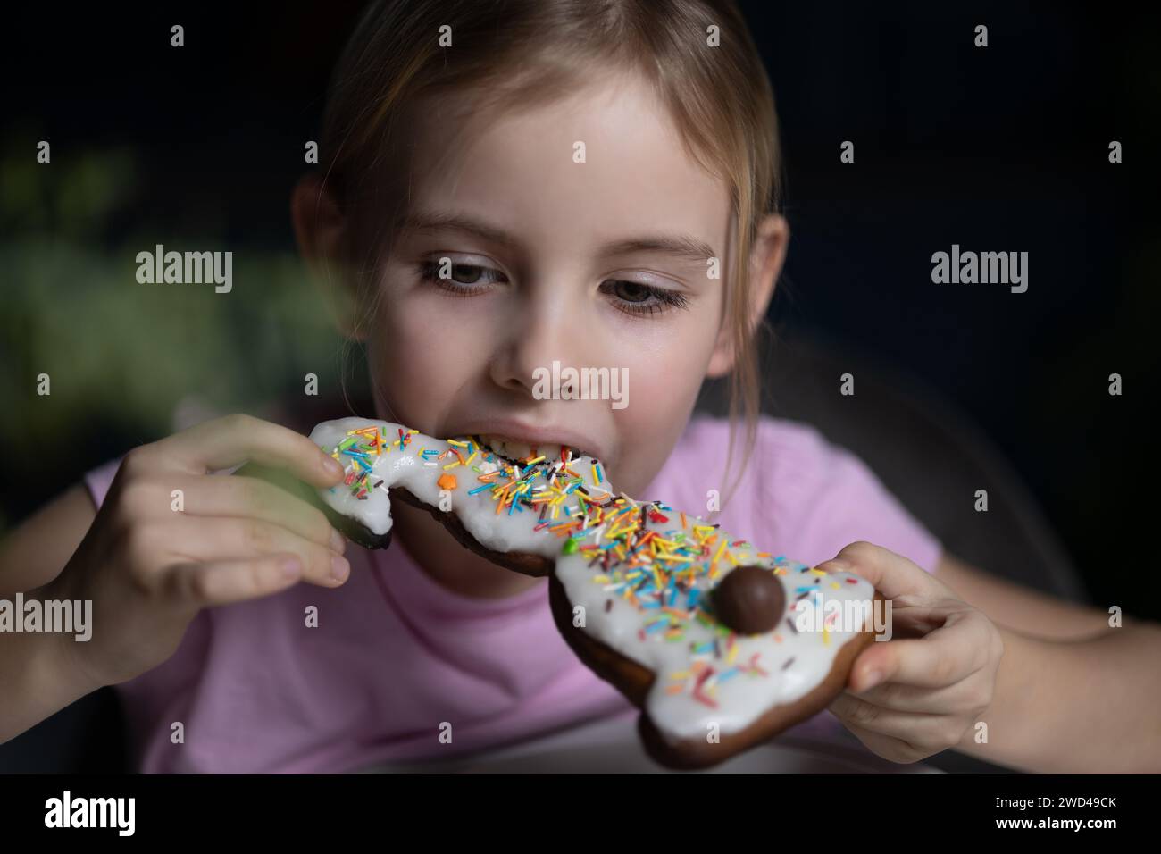 Child eating Easter bunny shaped gingerbread cookie decorated with ...