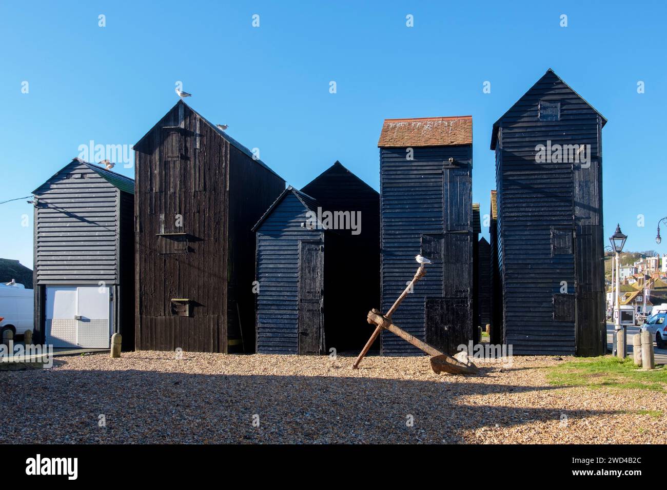 Traditional black-tarred net huts, Hastings, East Sussex, UK Stock ...