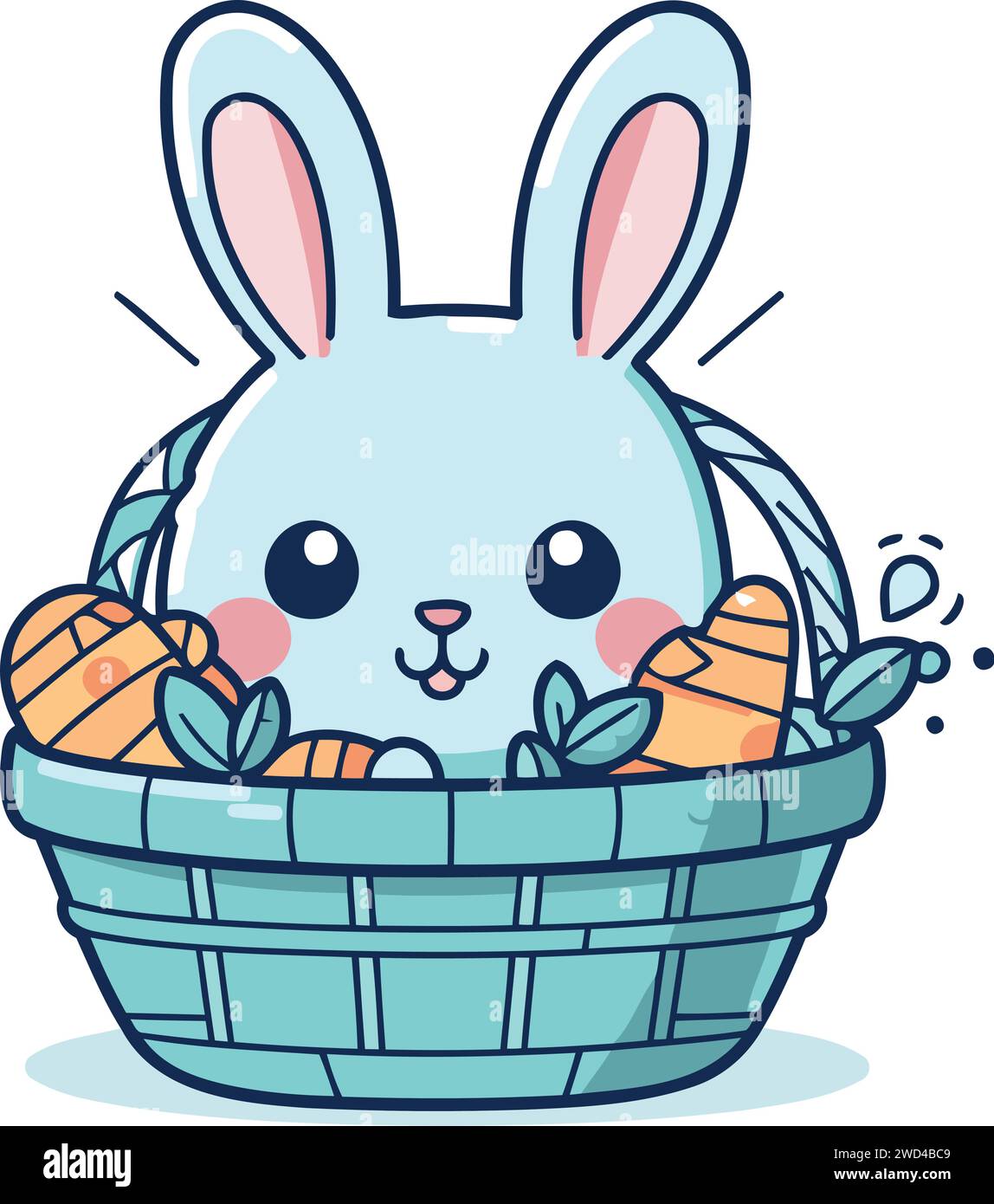 Cute cartoon bunny in a basket with carrots. Vector illustration Stock ...