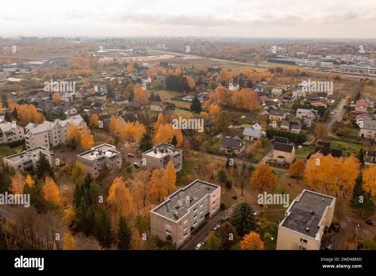 Drone photography of city suburbs landscape with low density houses ...
