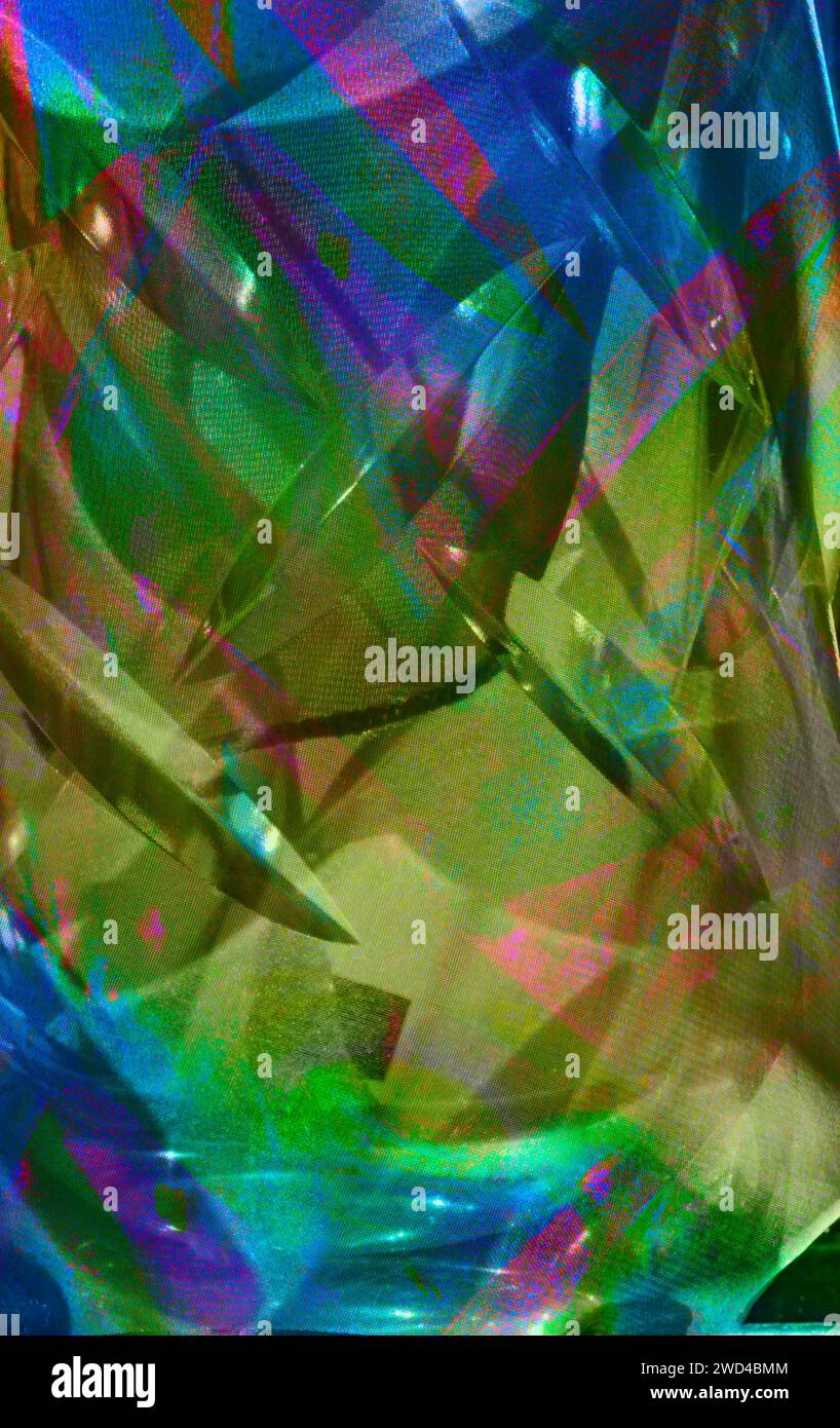 Overlays of cut glass & fabrics show bright colorful contrast & back ...