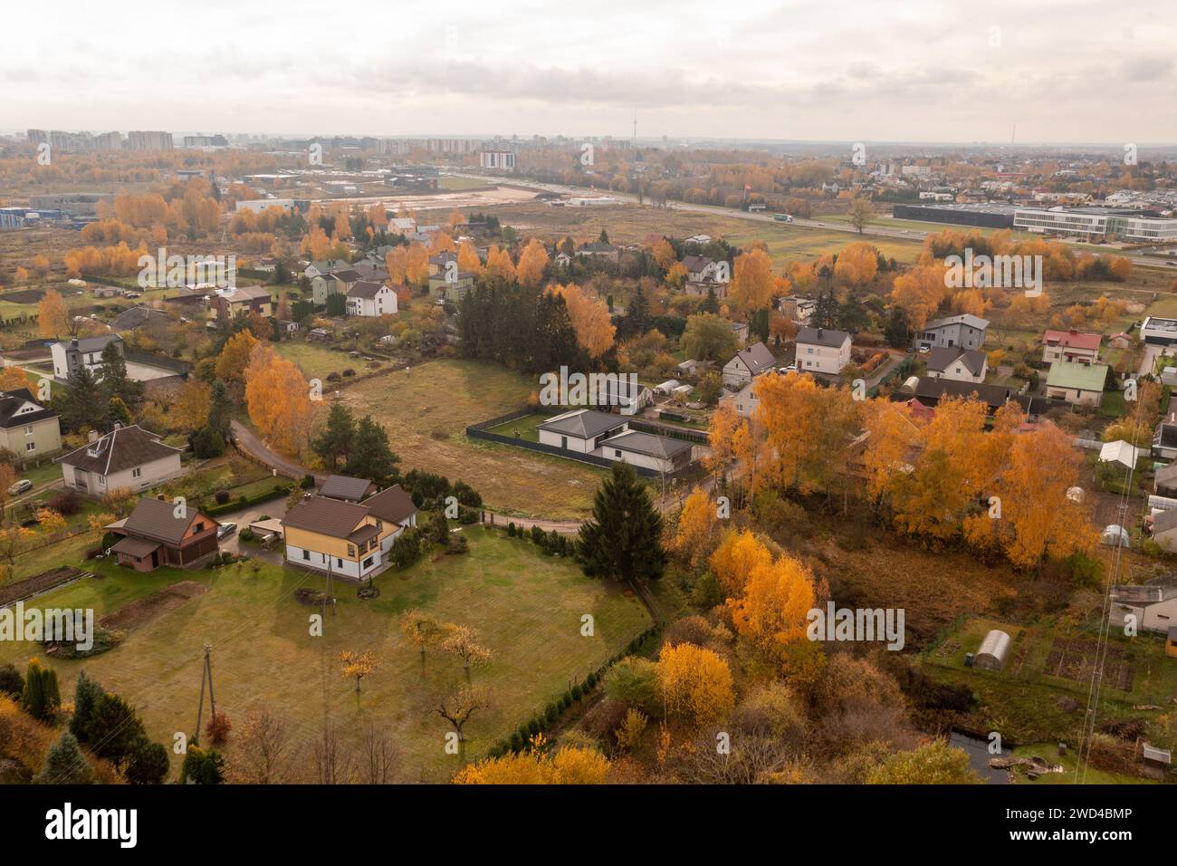 Drone photography of city suburbs landscape with low density houses ...