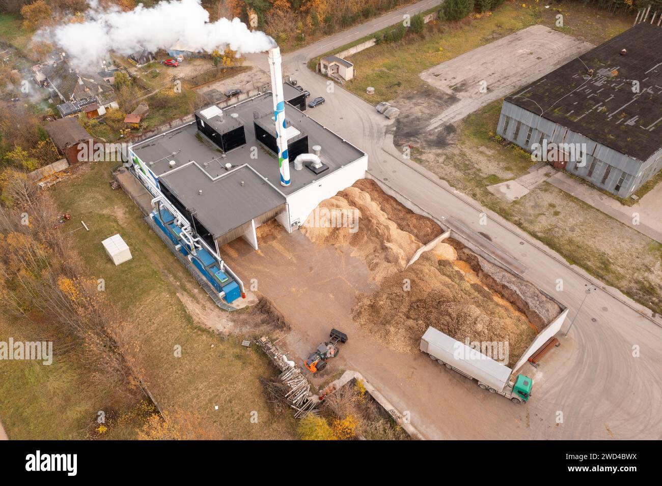 Drone photography of biomass power plant and biomass storage place ...