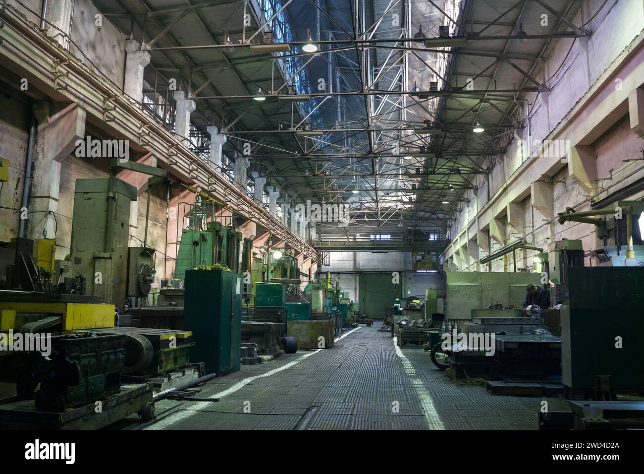 Industrial interior of heavy machinery workshop, large hall with ...