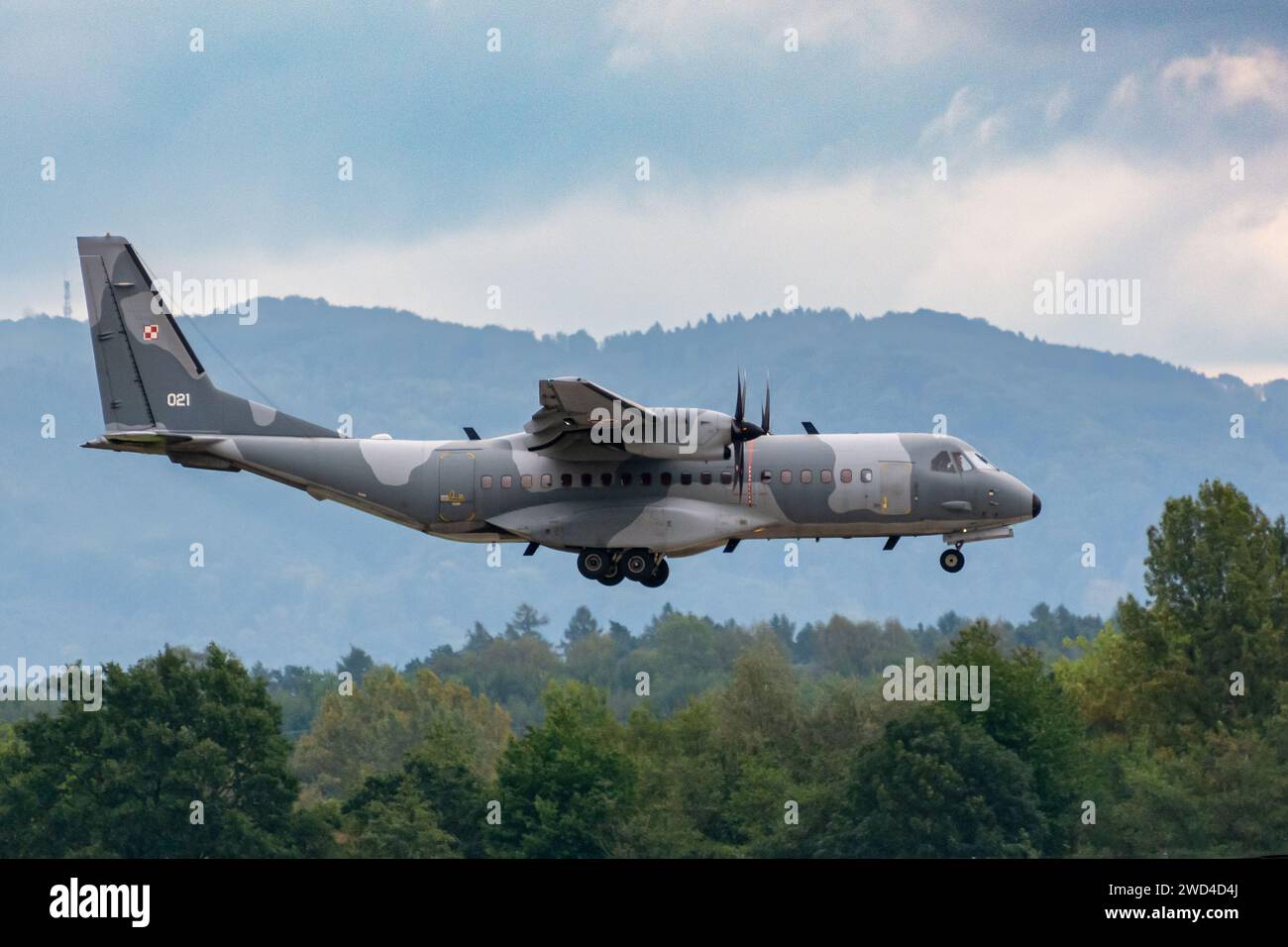 Military cargo transport plane landing at Leoš Janáček Airport. Polish ...