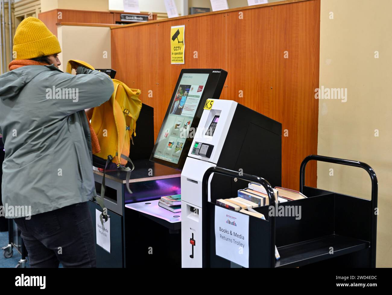 Interior of Bristol Central Library, automated self service borrow or ...