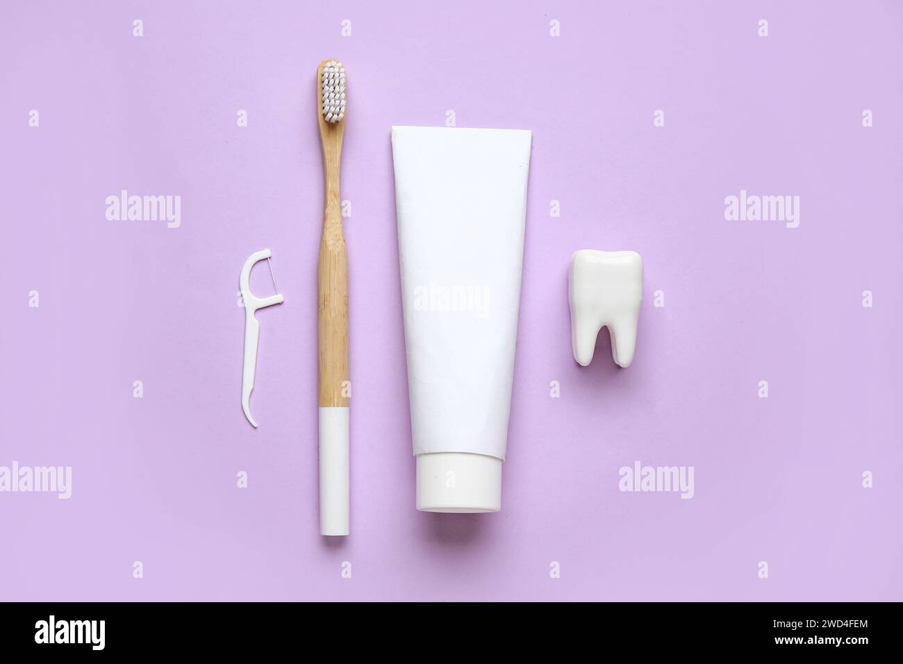 Toothbrush, toothpaste, floss toothpick and tooth model on lilac ...