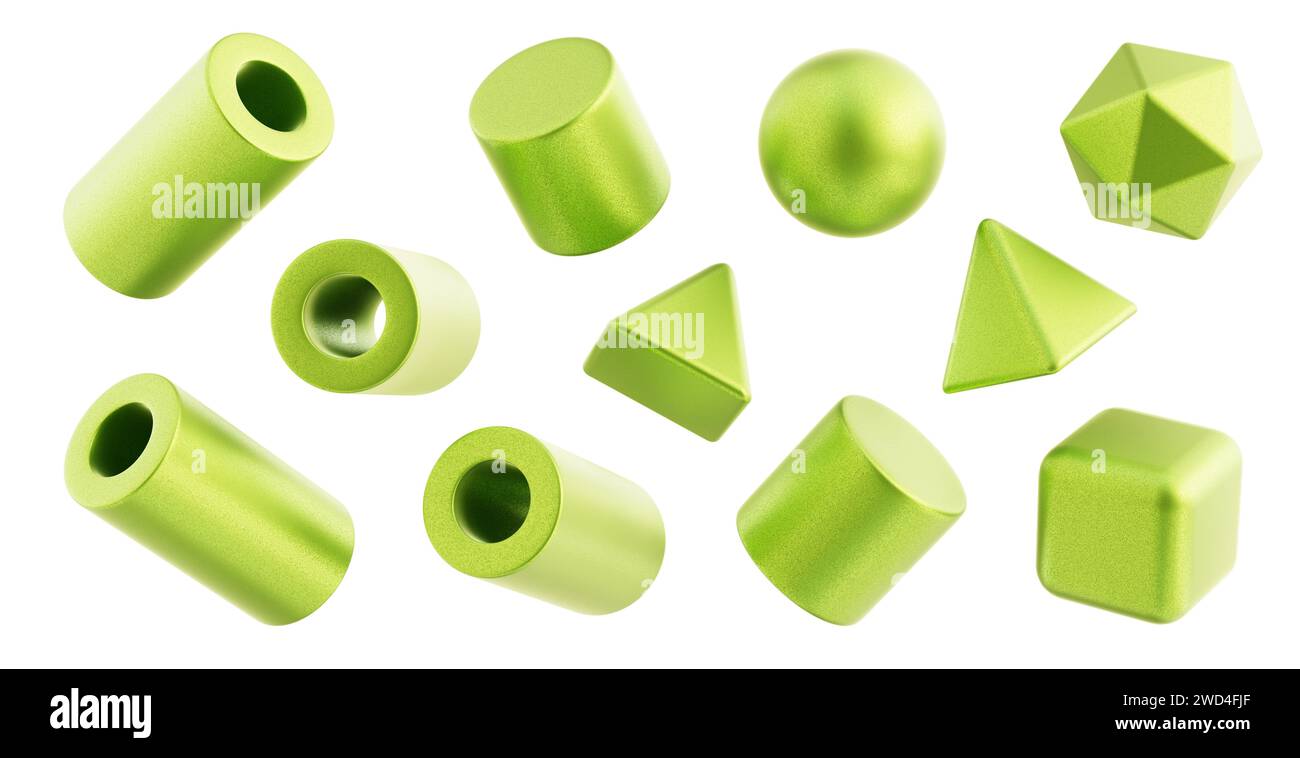 Green geometry decoration set isolated on white background 3d rendering ...