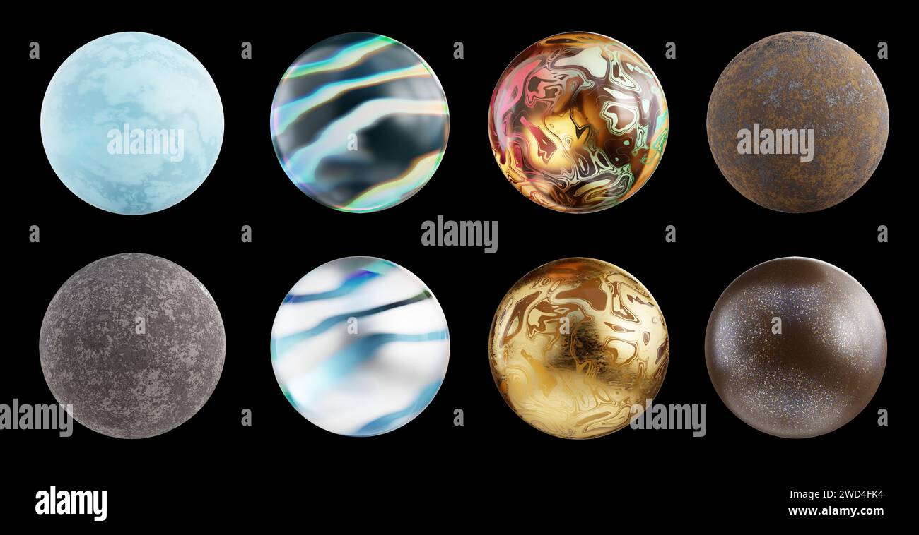 Material balls decoration set isolated on black background 3d rendering ...