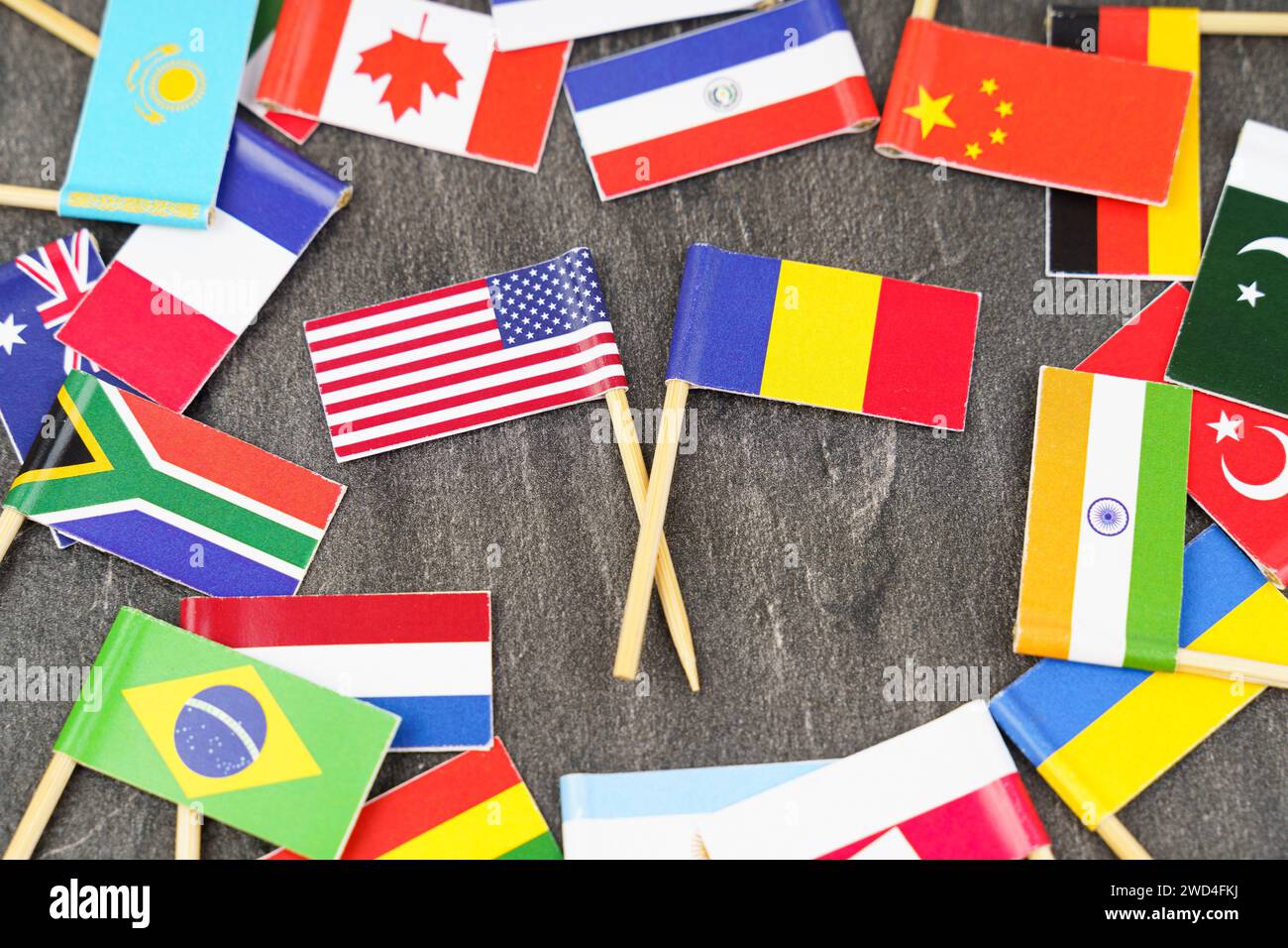 Policy. National flags of different countries. The concept is diplomacy ...