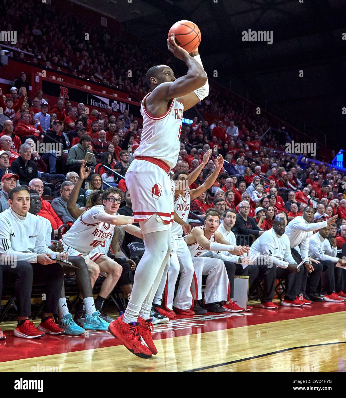Rutgers Scarlet Knights forward Aundre Hyatt (5) shoots a three pointer ...