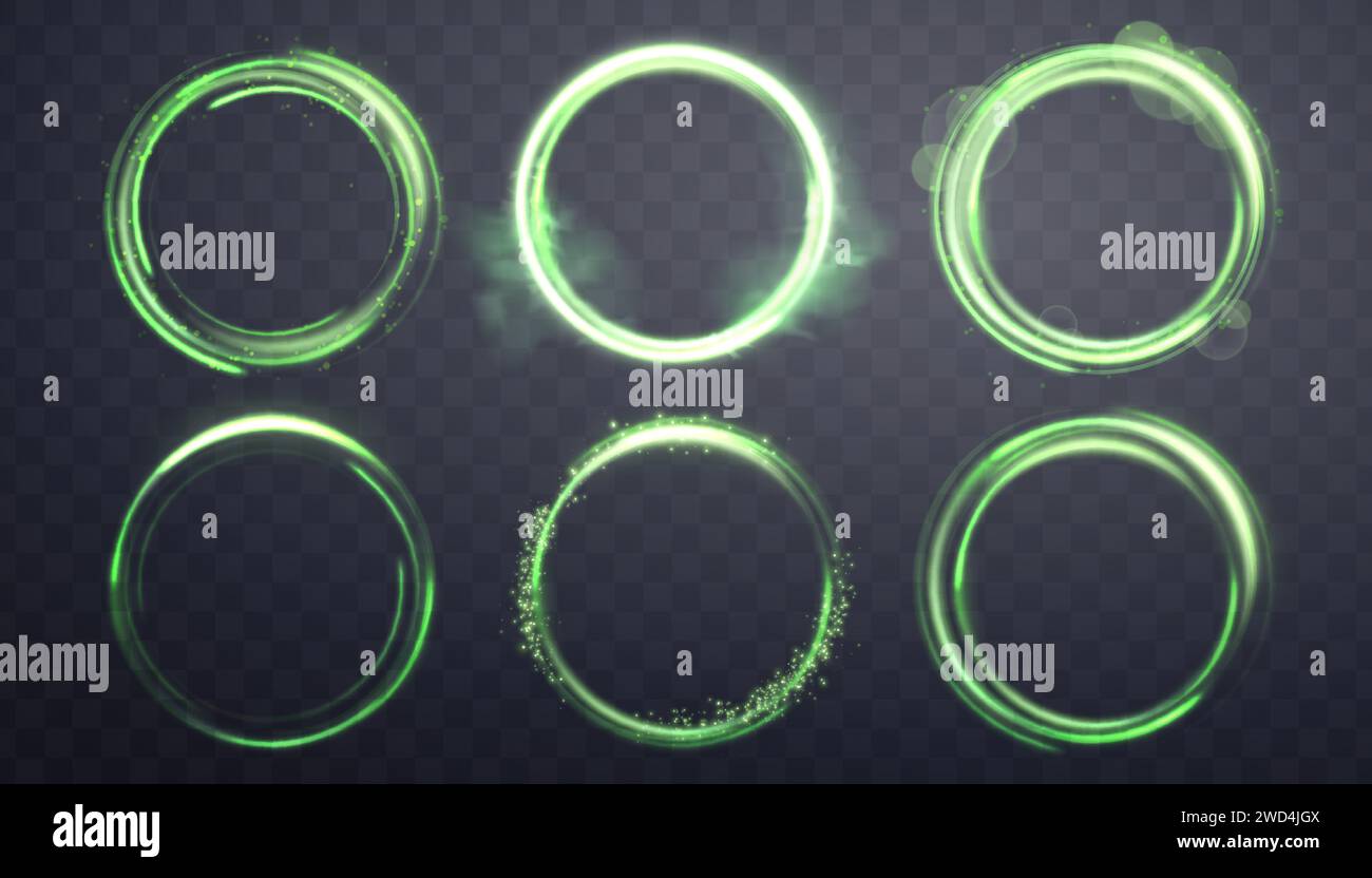Glowing green magic rings. Neon realistic energy flare halo rings ...