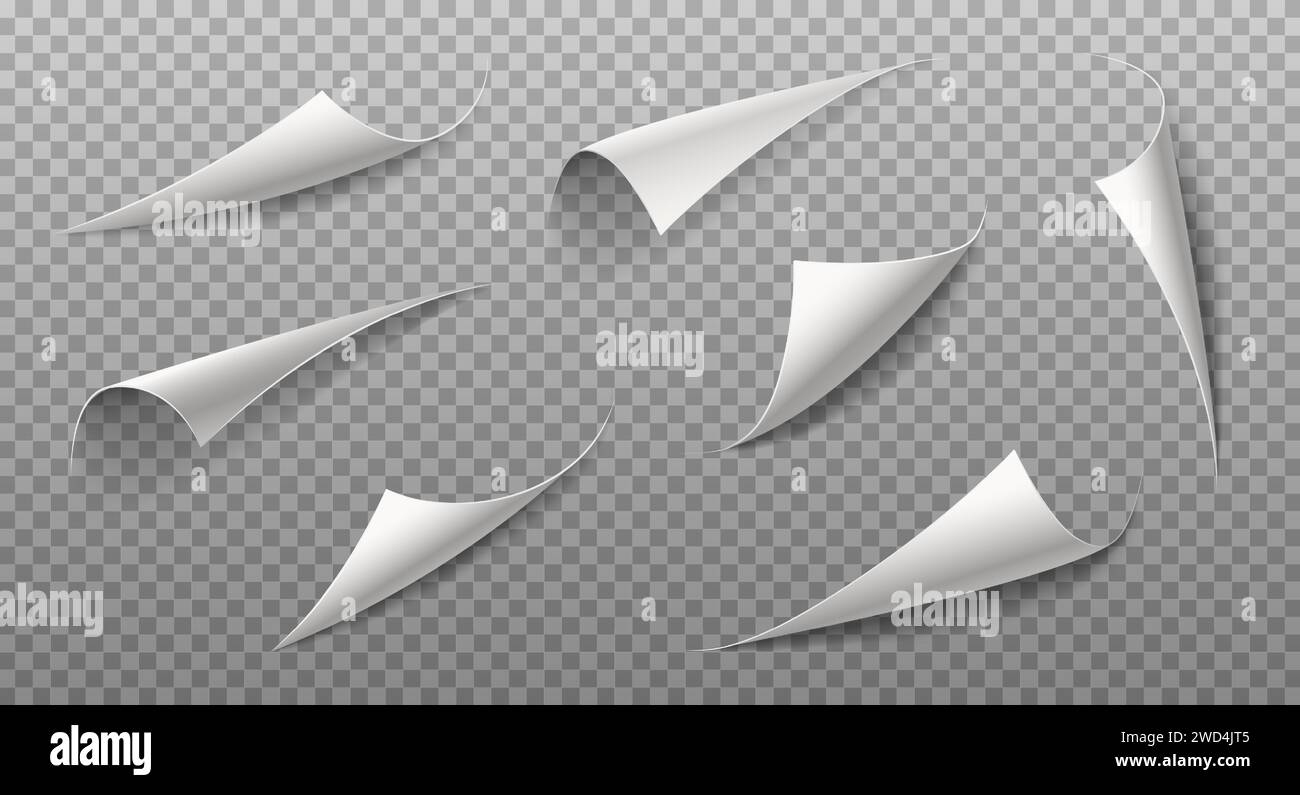 realistic vector illustration. Curled paper page corners on transparent ...
