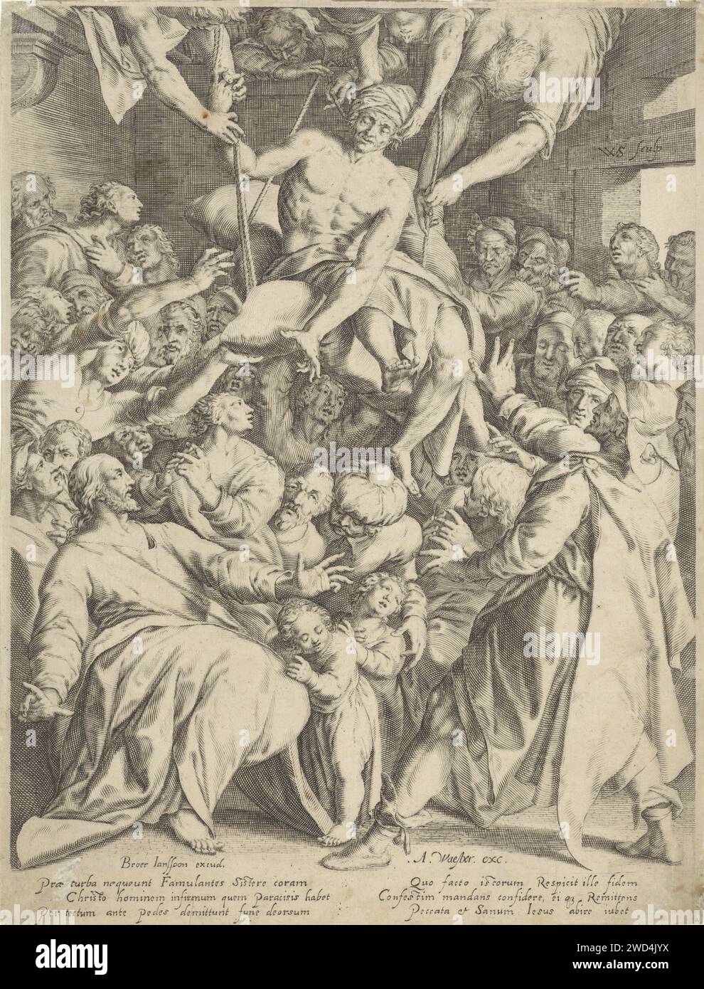 Paralyzed by the roof to Christ, Willem Isaacsz. Van Swanenburg, 1624 - 1639 print Christ stands ...