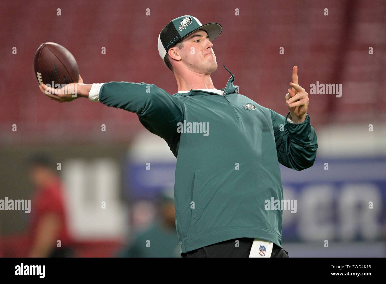 Philadelphia Eagles quarterback Tanner McKee throws before an NFL wild ...