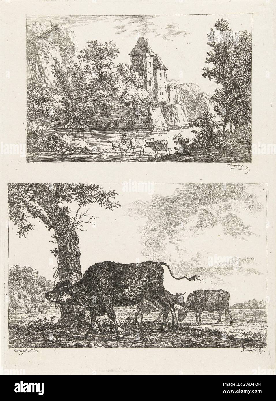 Landscape en Stier, Frédéric Théodore Faber, After Etienne Theaulon ...
