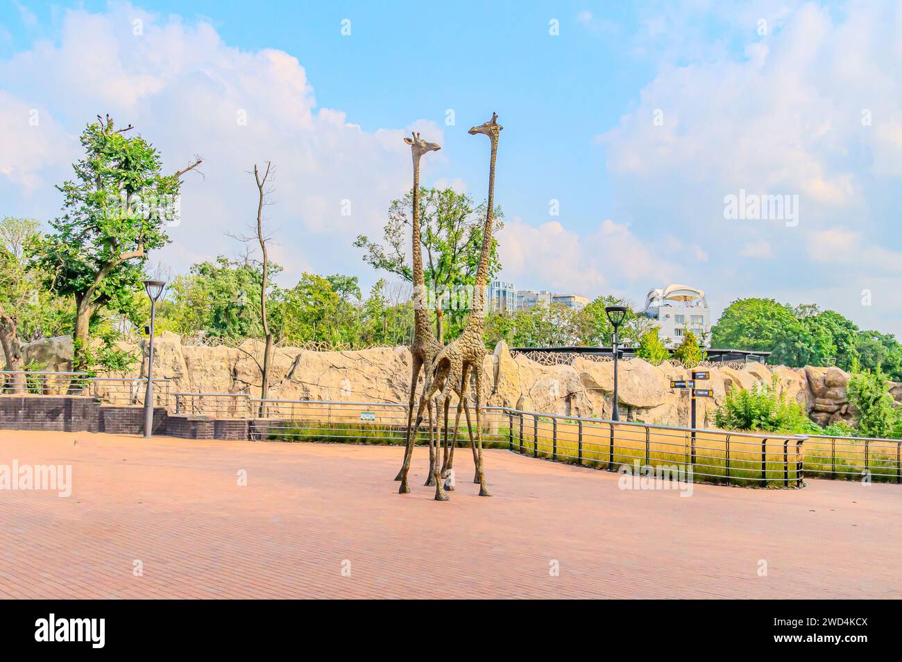 Modern sculpture of two giraffes at the zoo. Two giraffe sculpture with ...