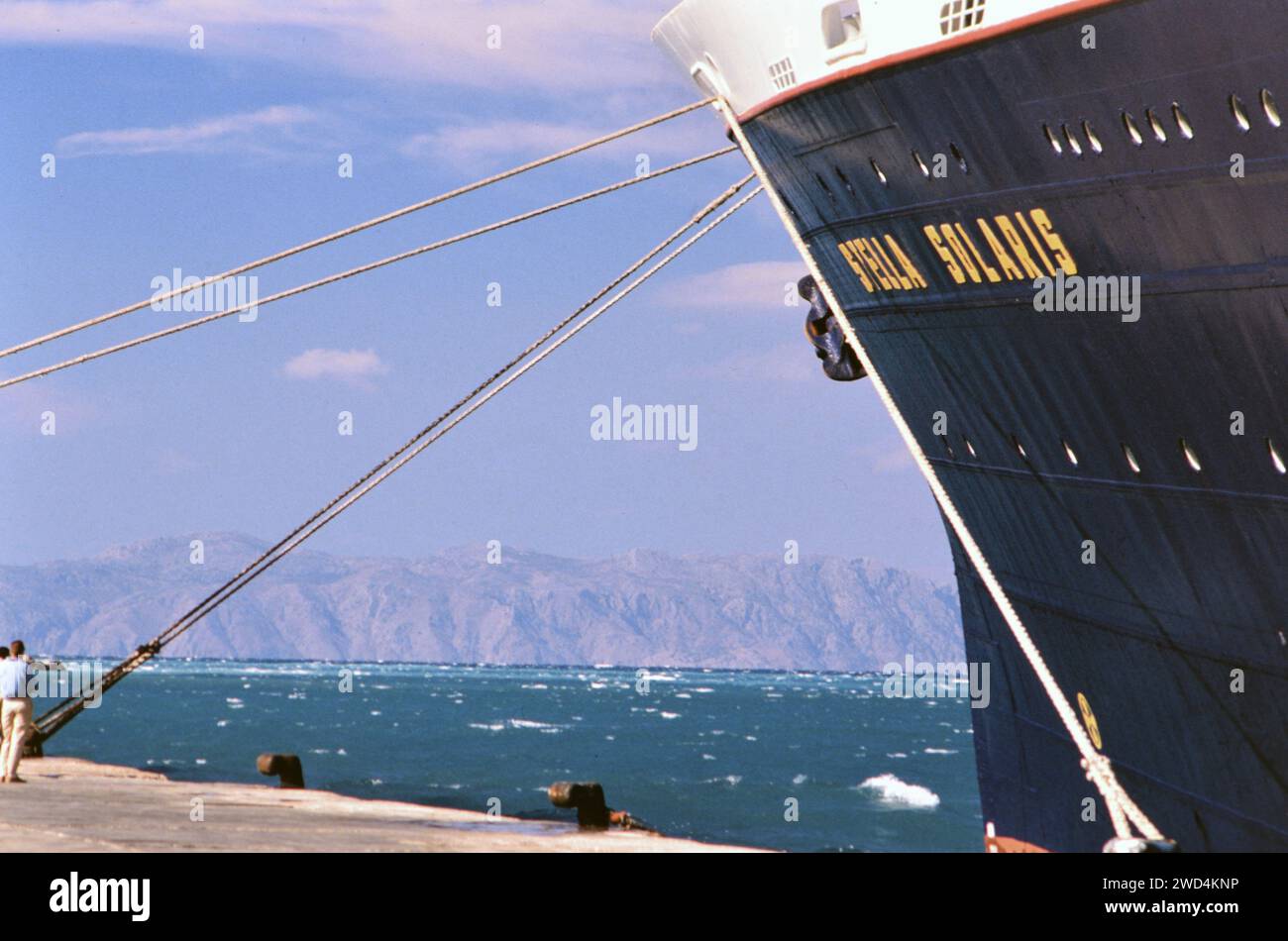 Bow of the Sun Lines Stella Solaris cruise ship at a dock in Greece ca ...