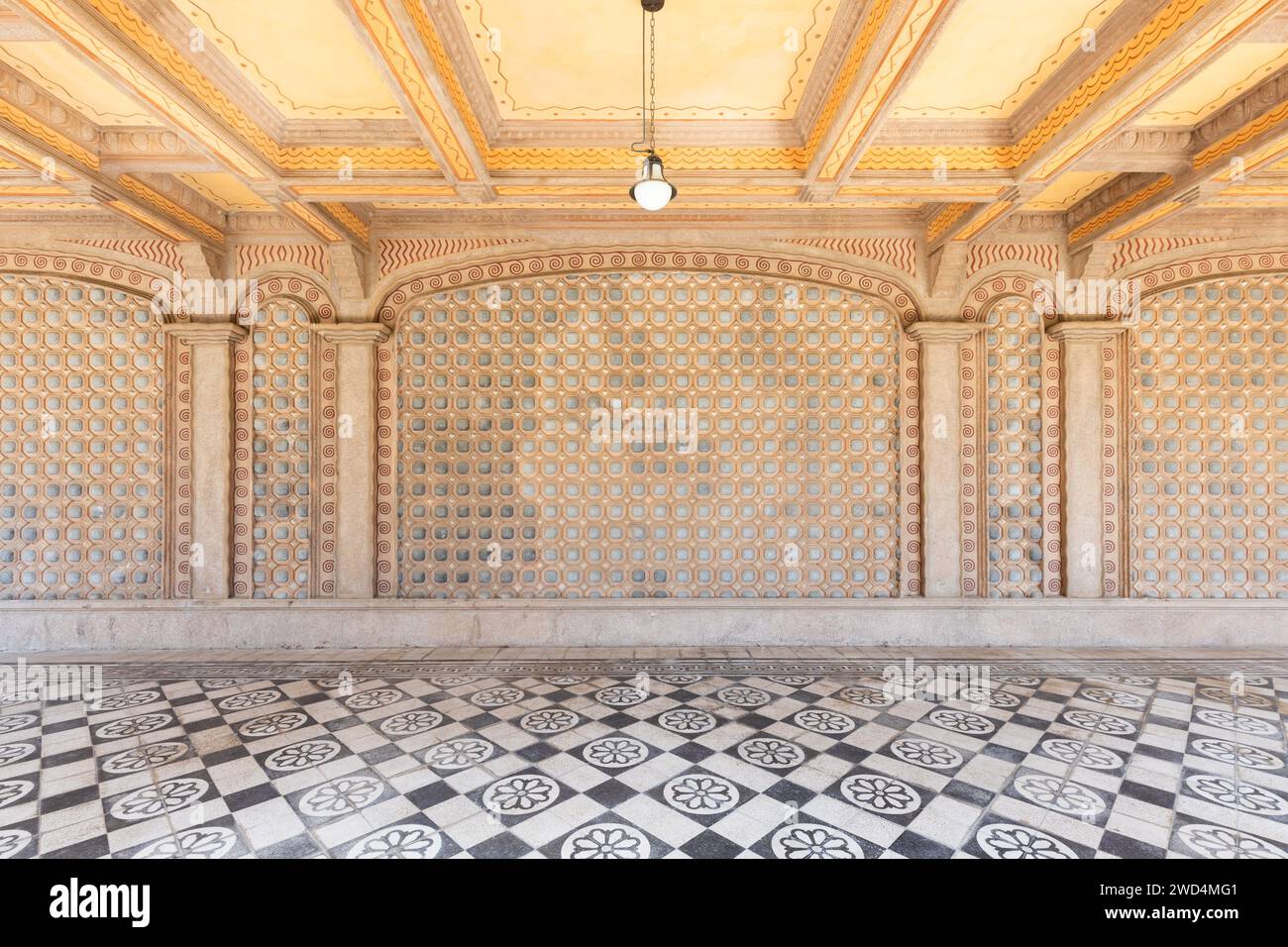 Old palace wall. Antique empty decorated interior with traditional ...