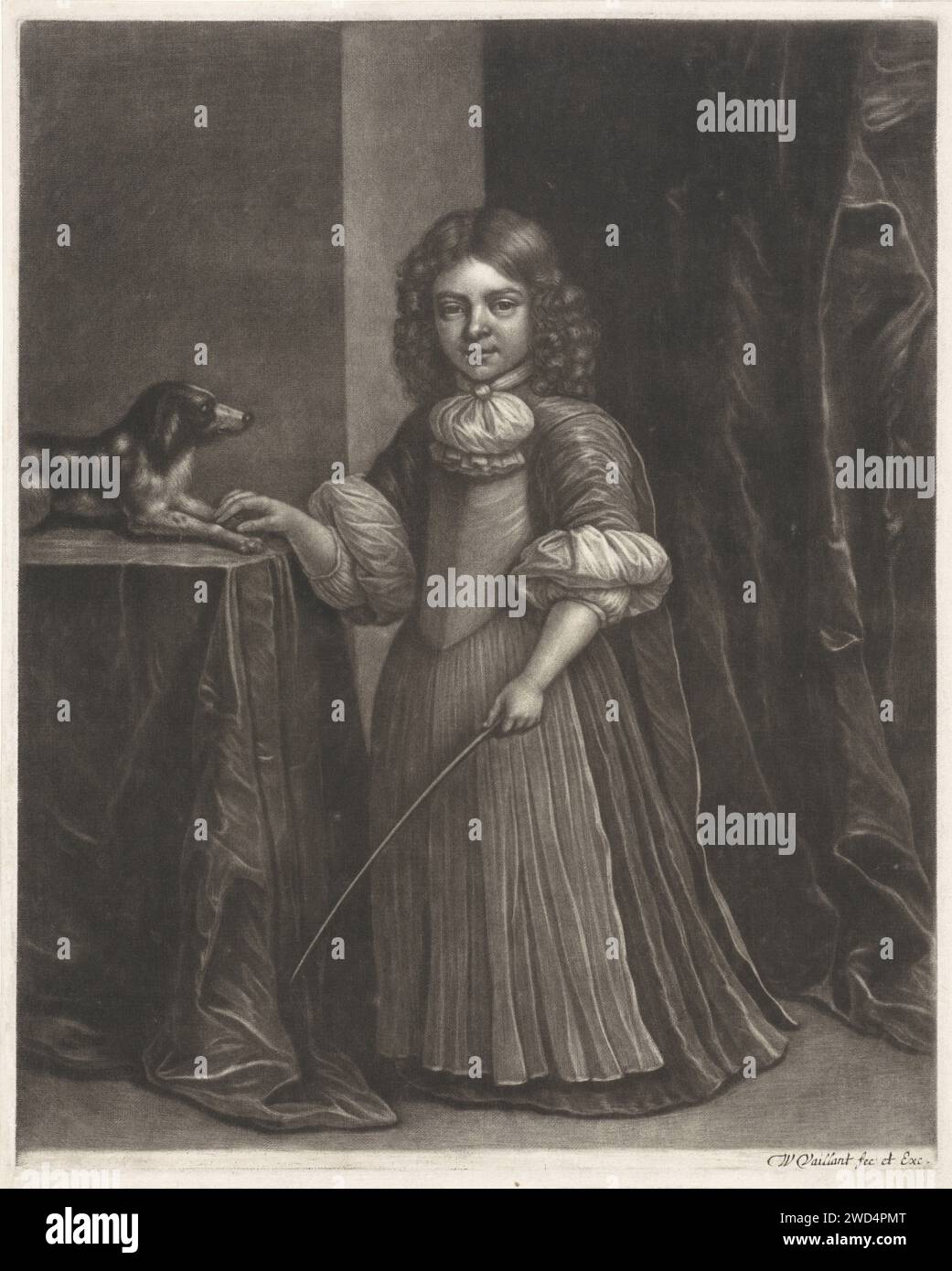 Portrait of a boy with a dog, Wallerant Vaillant, 1658 - 1677 print In ...