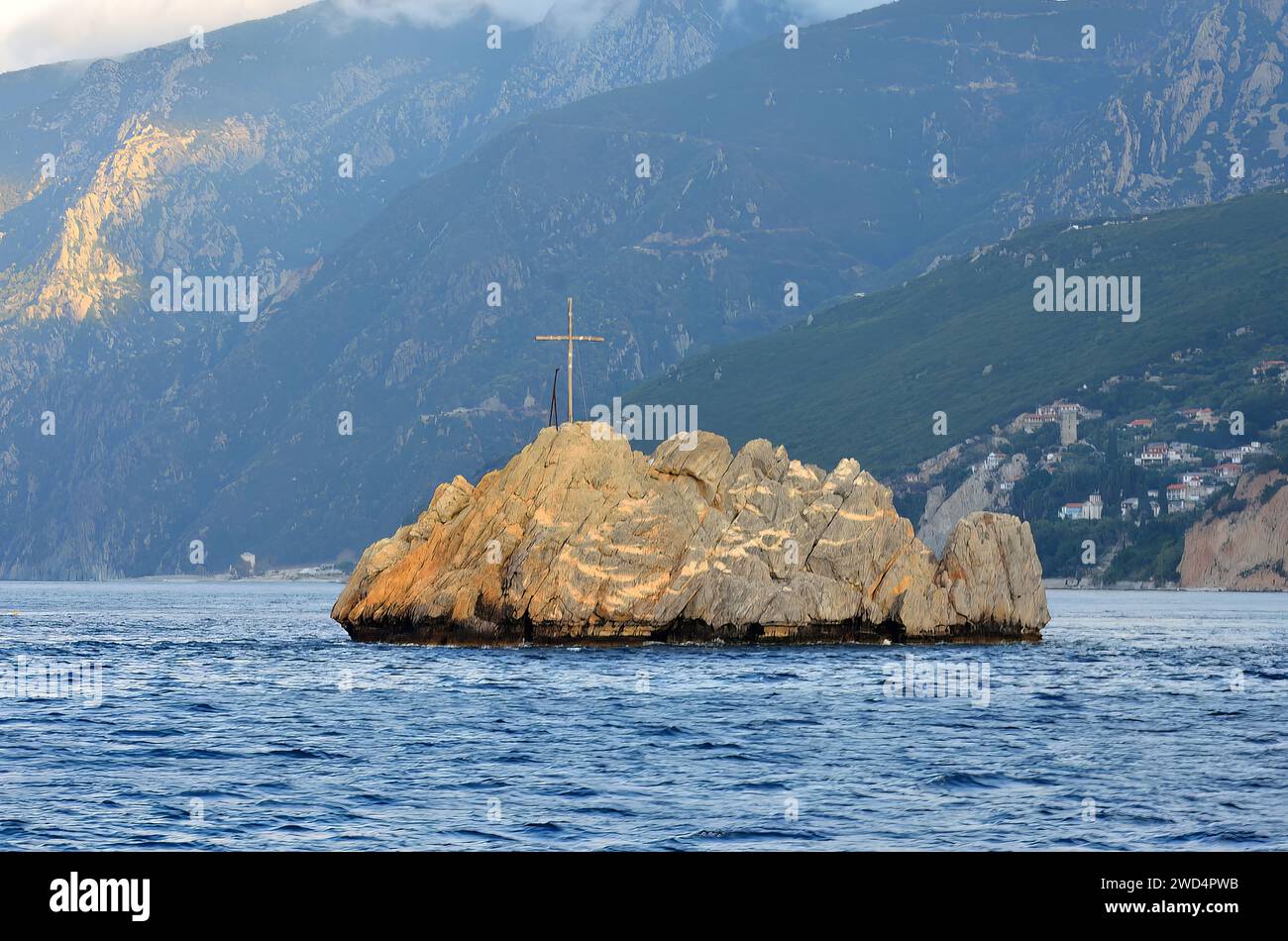 Ocean with mountains and island Stock Photo - Alamy