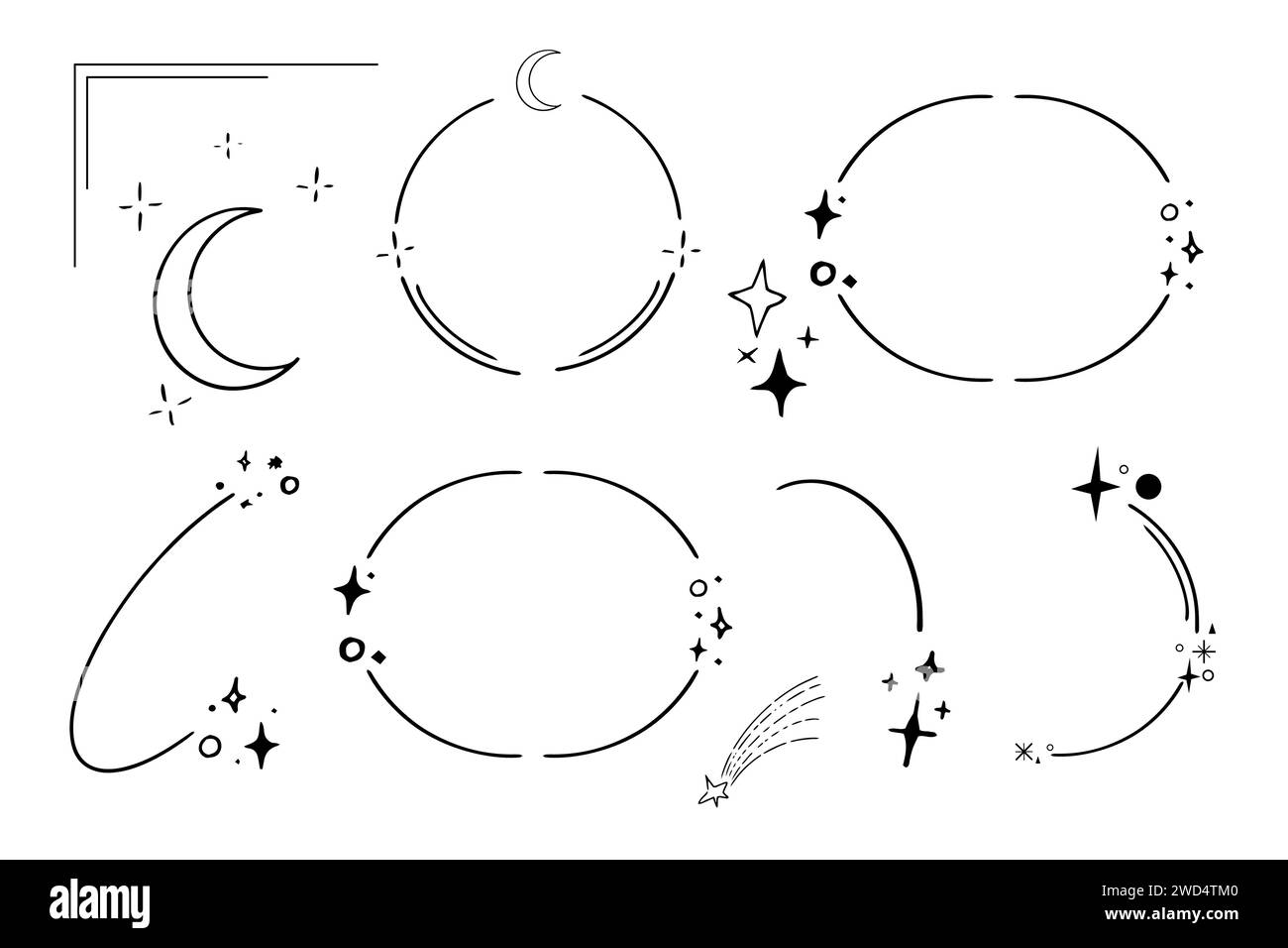 Set star sparkle silhouette celestial line frames abstract shape borders isolated on white ...
