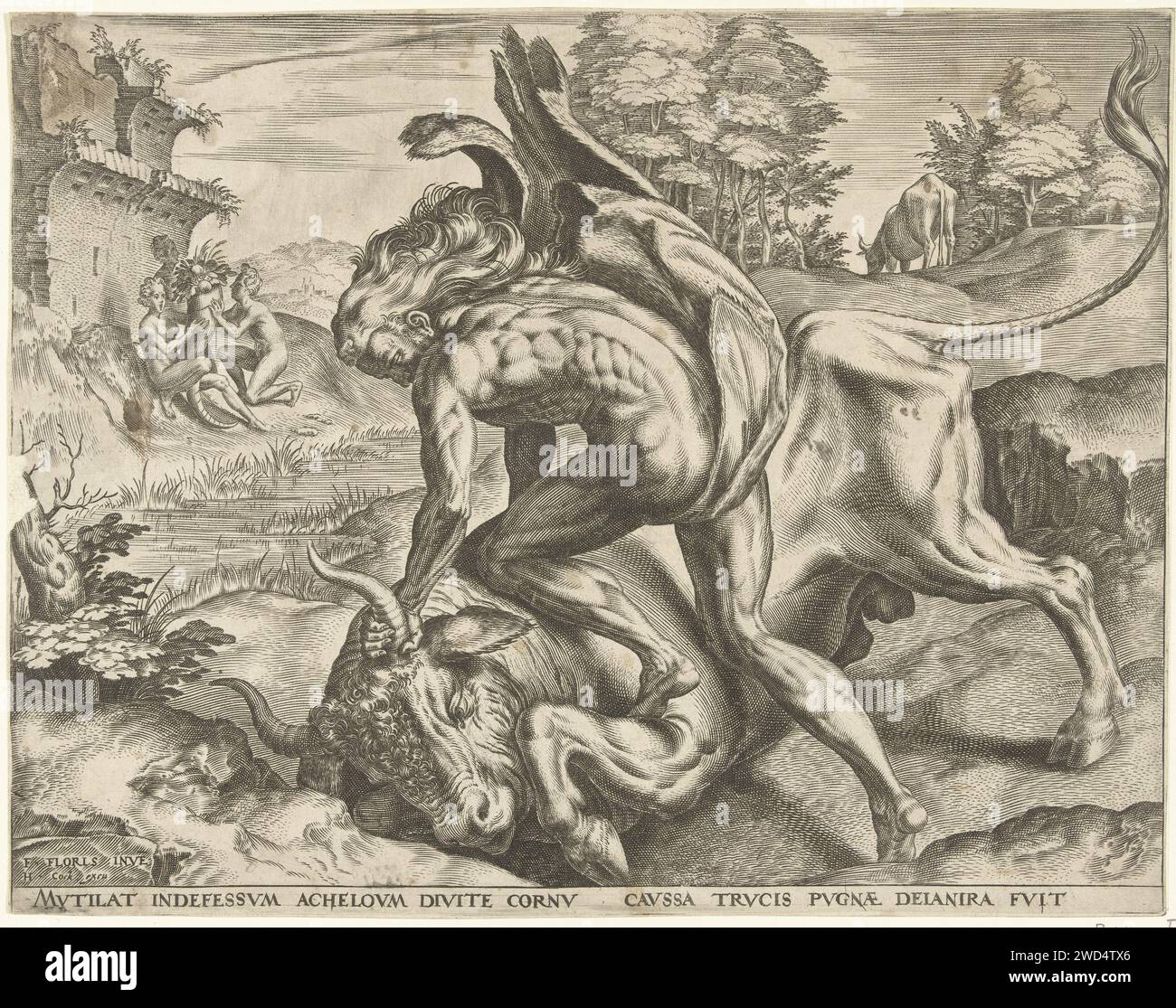 Hercules Worstelt met Acheloüs, Cornelis Cort, after Frans Flower (1 ...