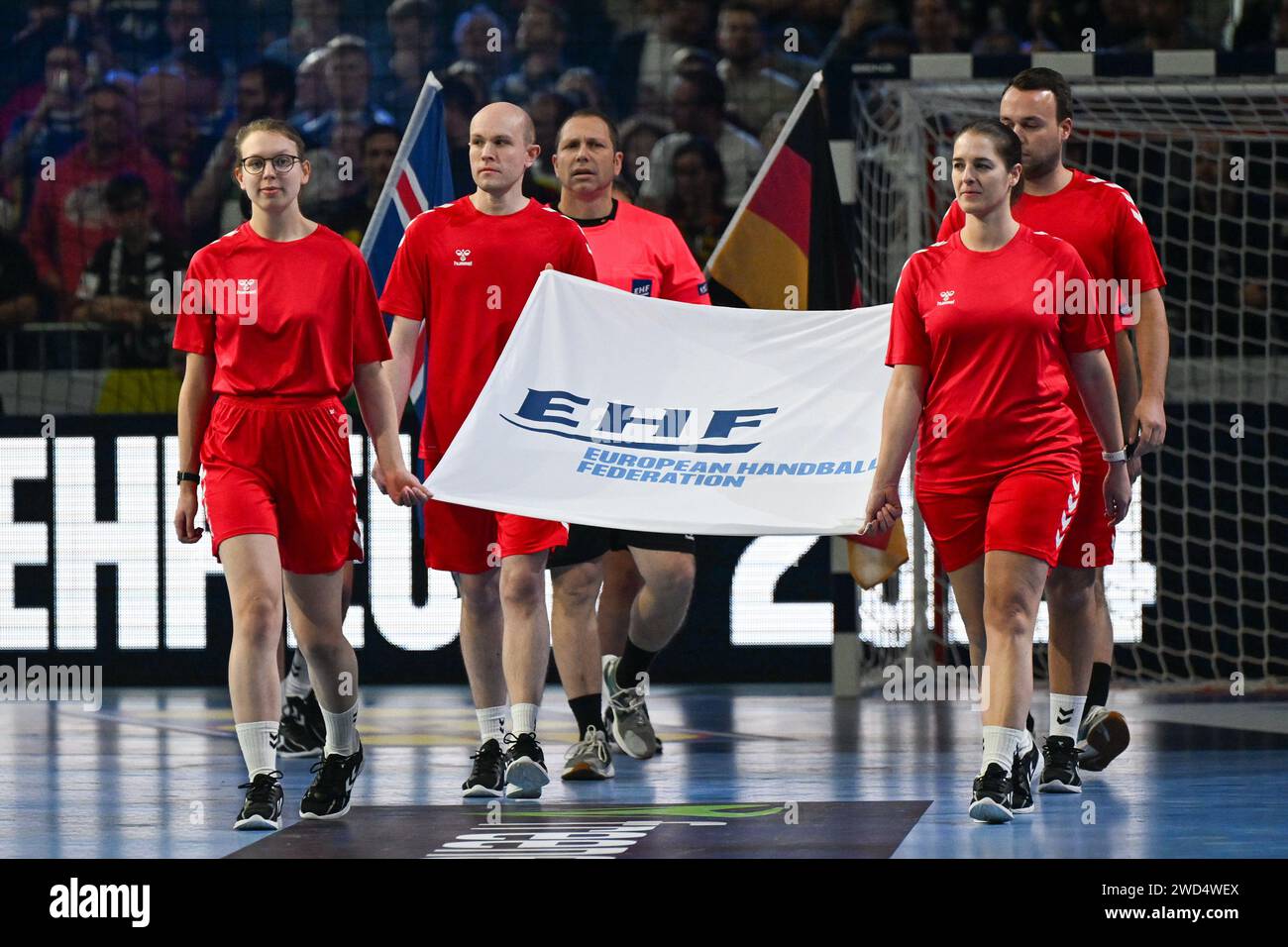 Cologne, Germany. 18th Jan, 2024. EHF offical flag during the Menâ€™s ...