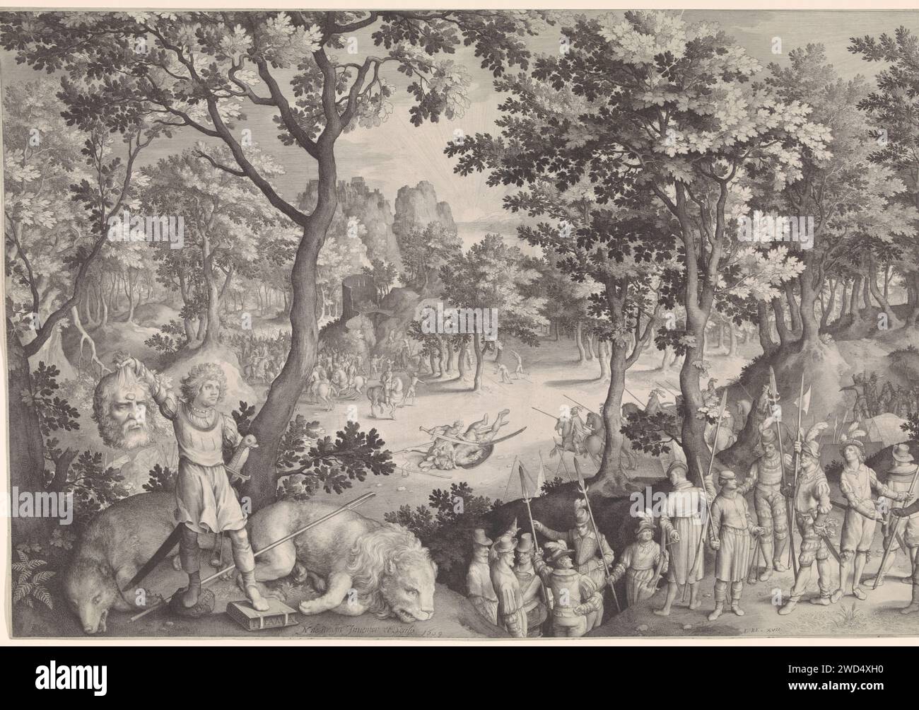 David and Goliat, Nicolaes de Bruyn, 1609 print In the middle the ...
