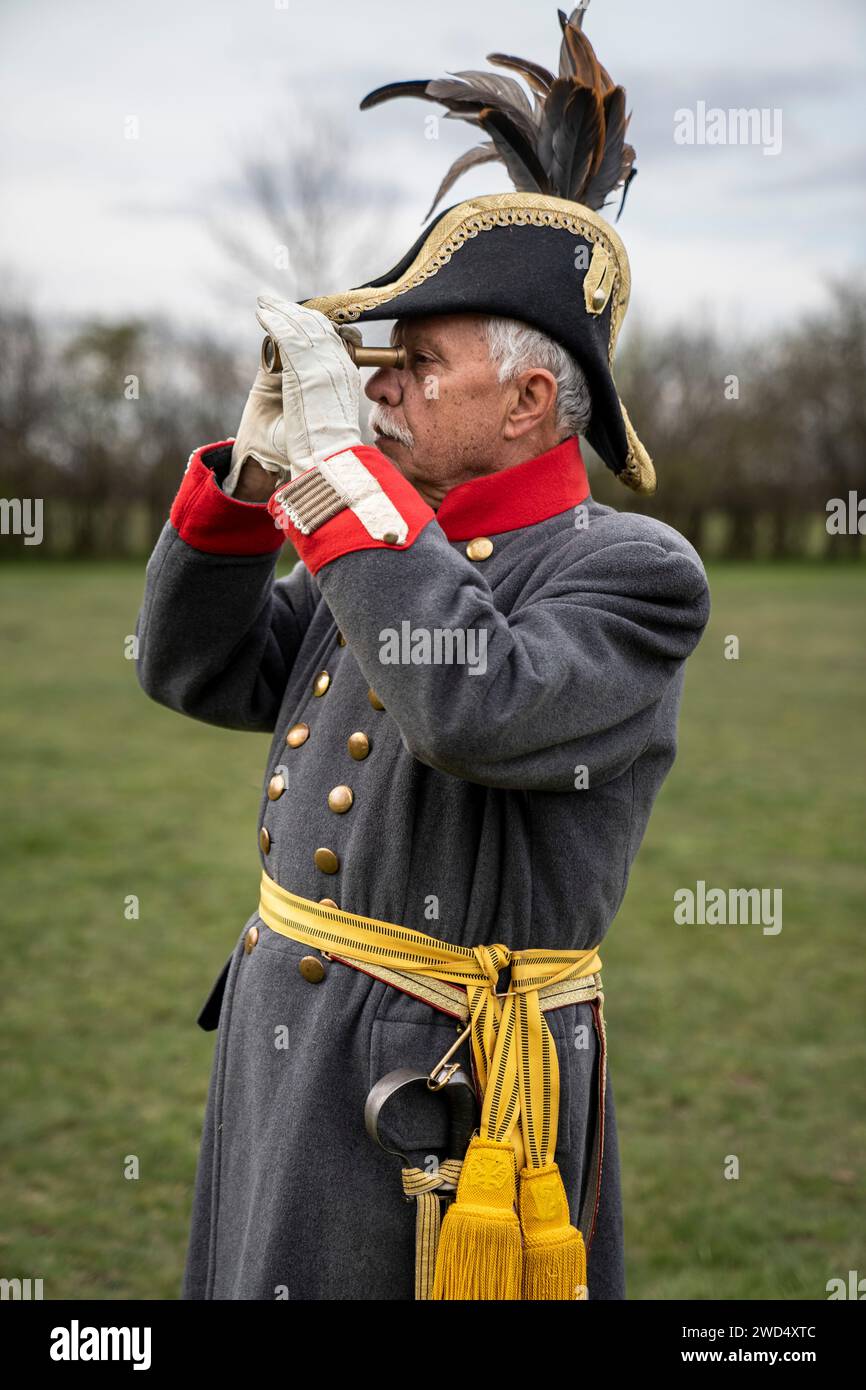 Military officer's outfit. Imperial-royal gunner in bicorne hat. The ...
