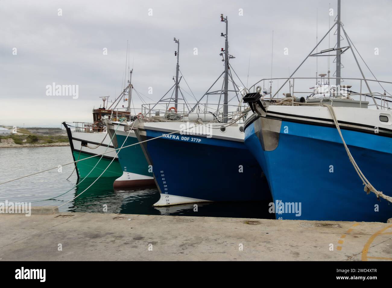 Multiple ships moored at a dock on a cloudy day in Gansbaai, South ...