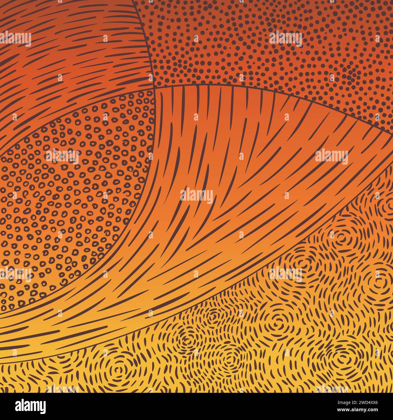 Hand drawn pattern of dashed lines, dots, small circles broun on yellow ...
