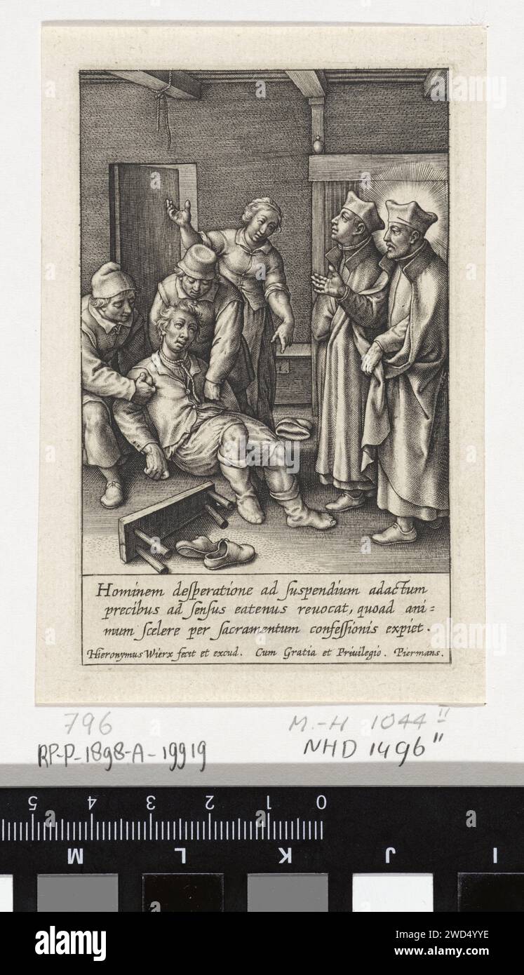 Wonderful healing by Ignatius van Loyola from a man who has hung herself, Hieronymus Wierix ...