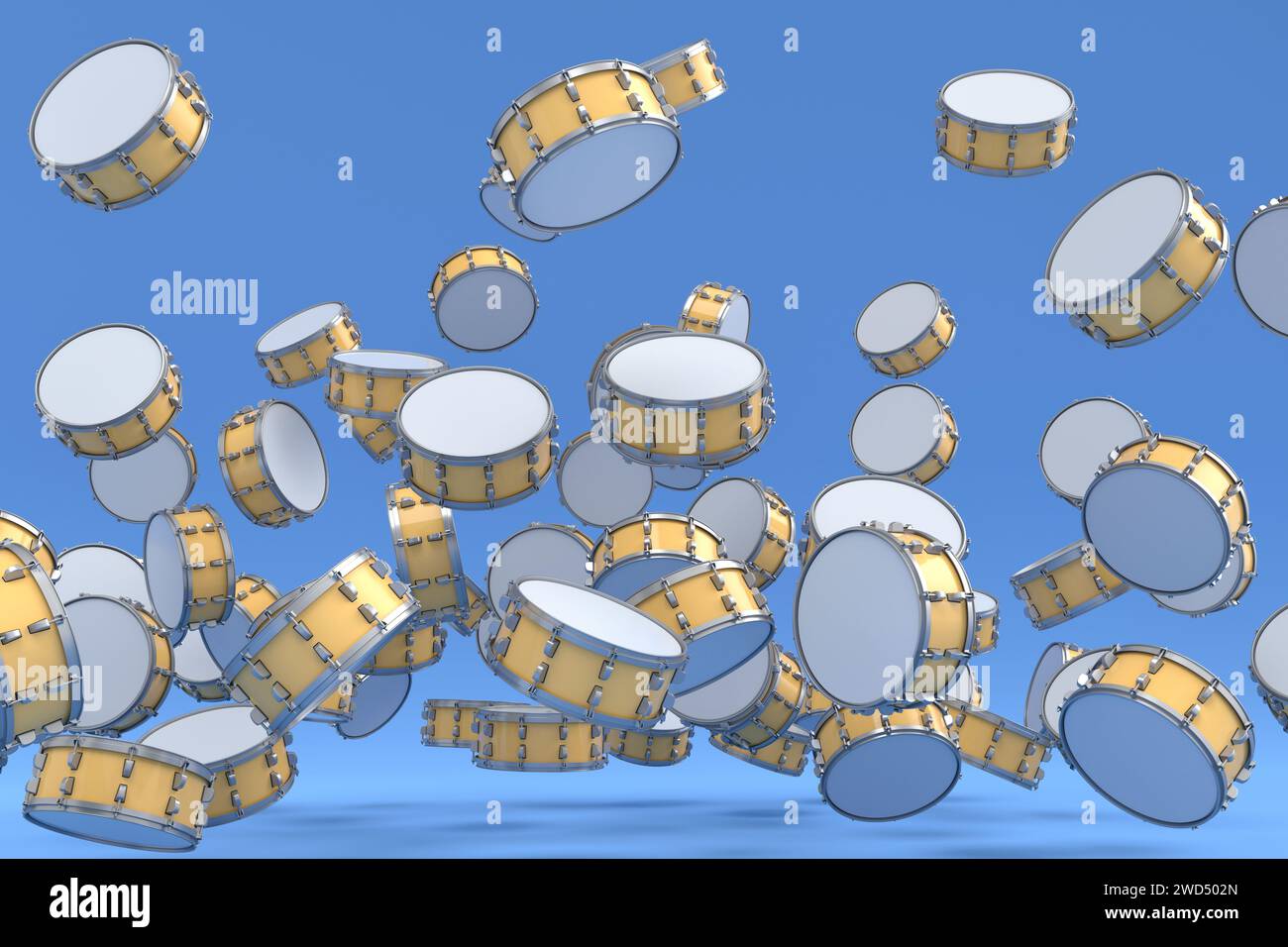 Many of flying drums on blue background. 3d render concept of musical ...