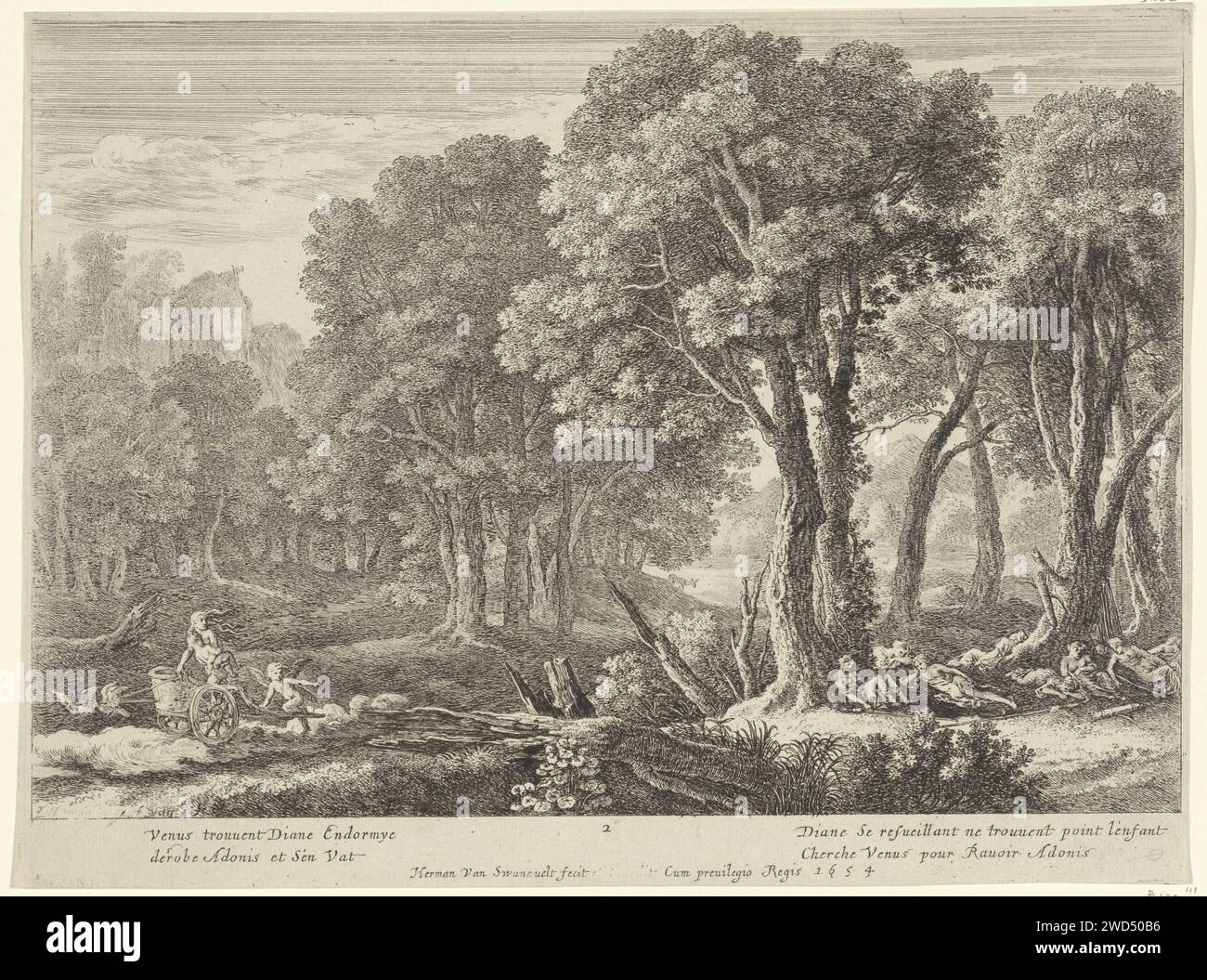 Venus kidnaps Adonis, Herman van Swanevelt, 1654 print In a wooded ...