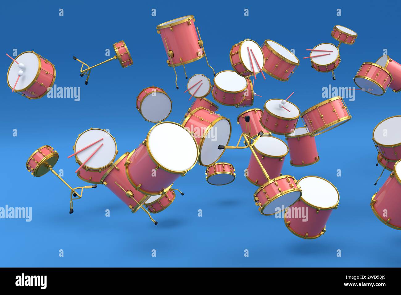 Many of flying drums on blue background. 3d render concept of musical ...