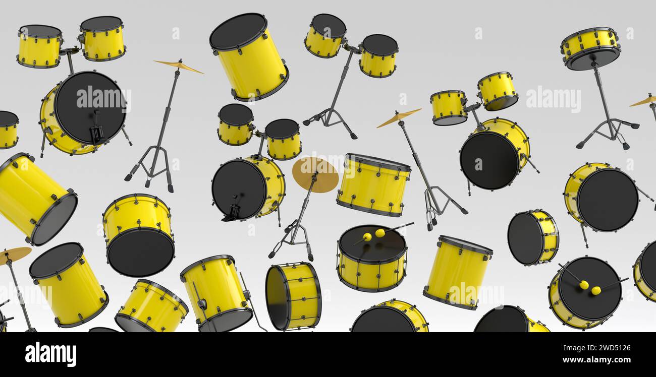 Many of flying drums with metal cymbals on white background. 3d render ...