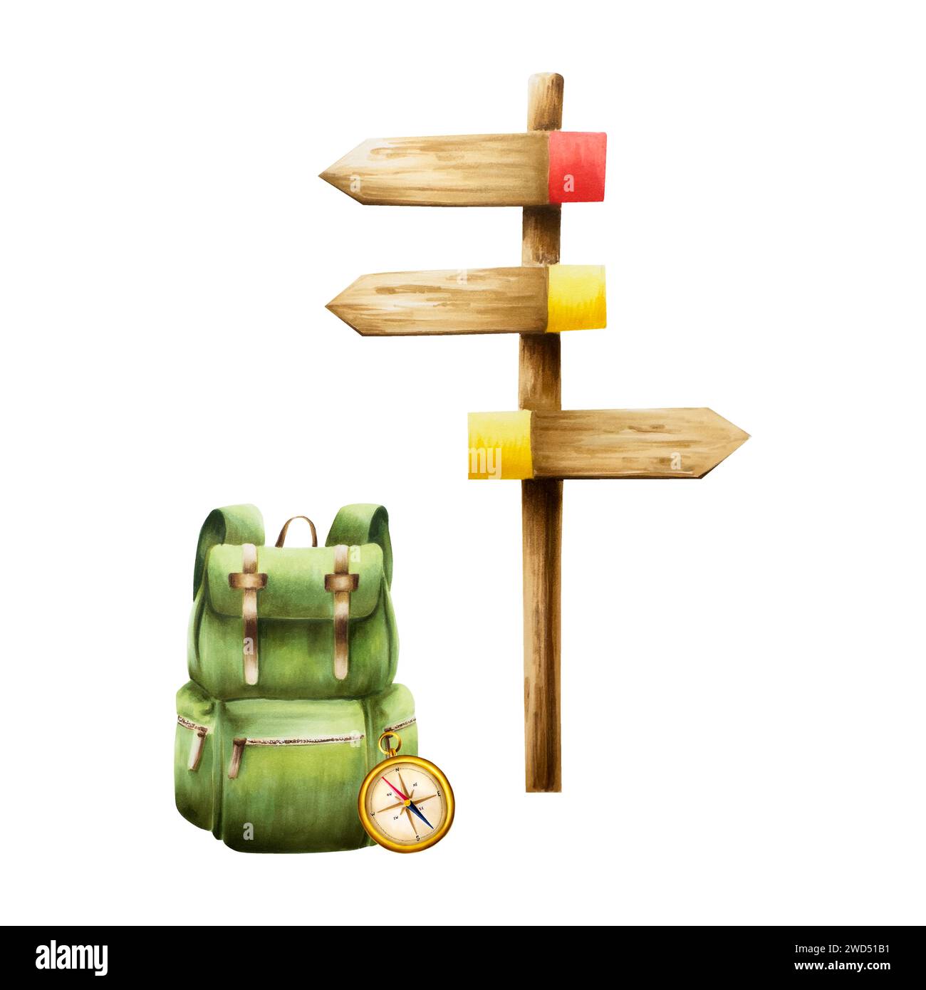 Watercolor wooden sign illlustration with hiking and camping backpack ...