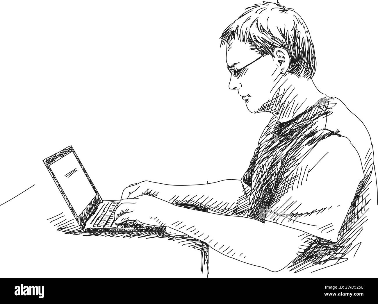 Sketch Of Man Working With Computer Hand Drawn Illustration Stock Vector Image And Art Alamy