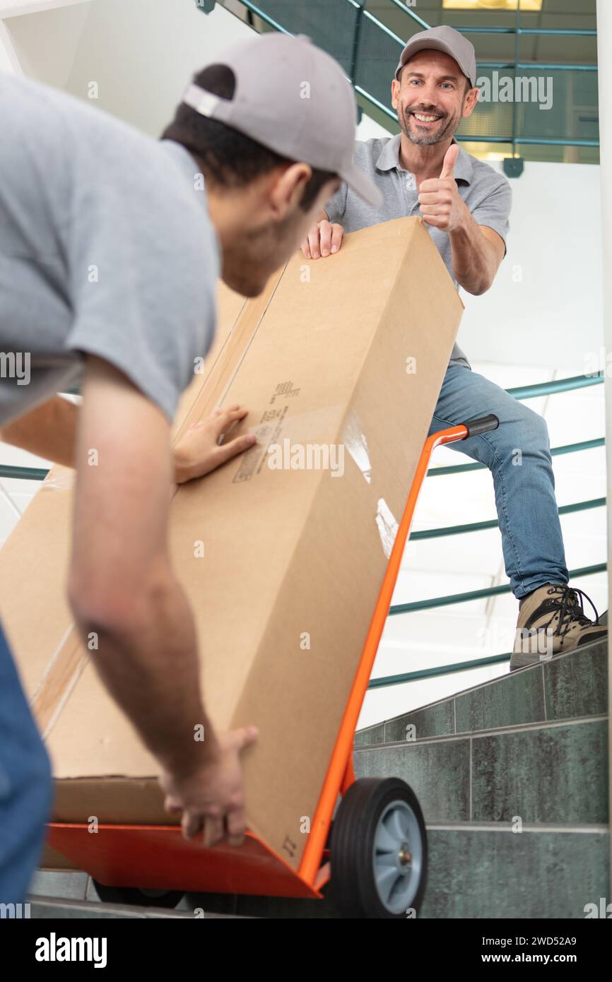 two young male movers carrying cardboard boxes on staircase Stock Photo ...