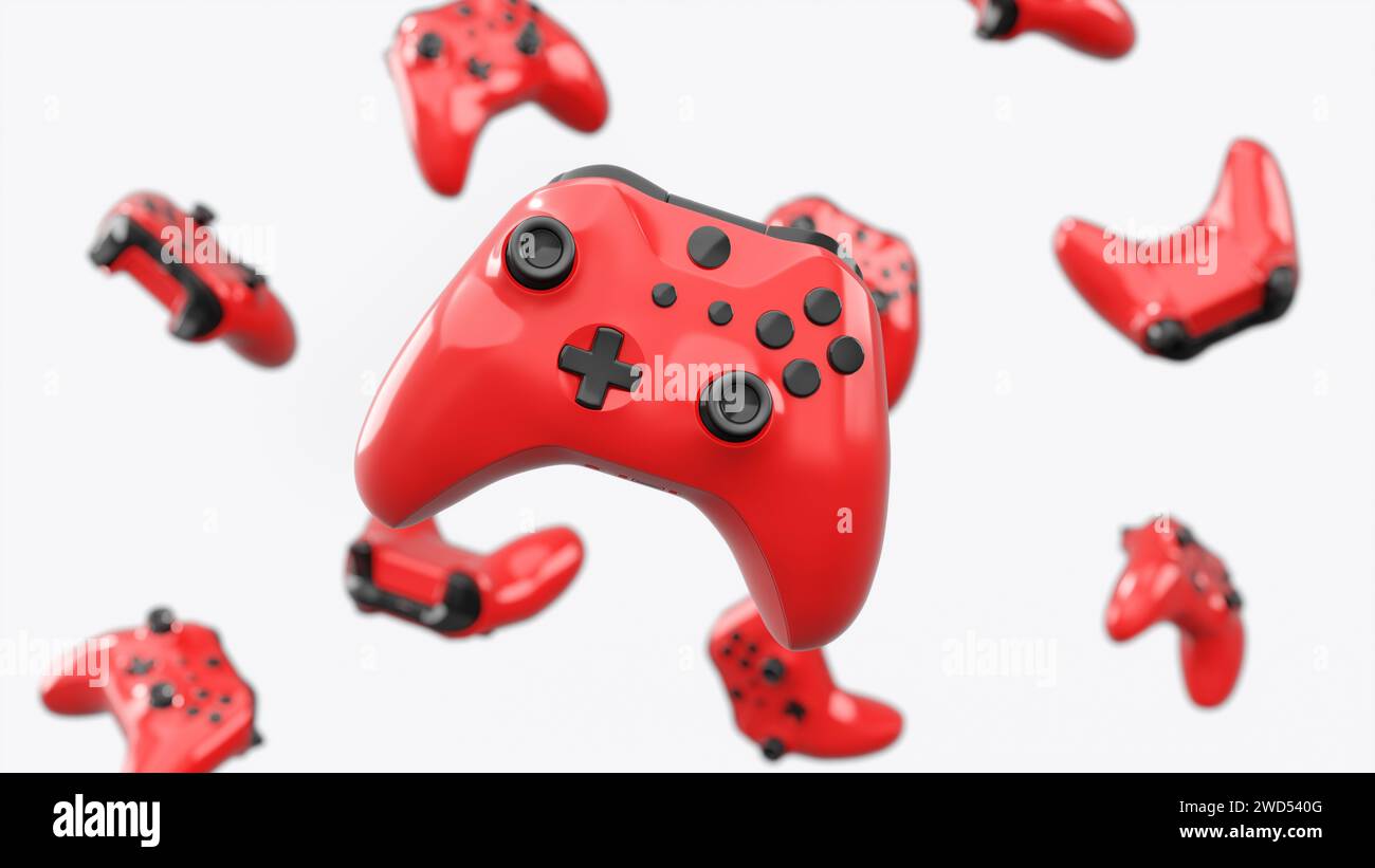 Realistic video game joysticks or gamepads rotating and falling on ...