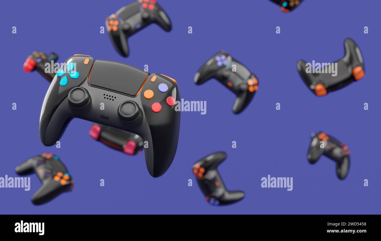 Realistic video game joysticks or gamepads rotating and falling on ...