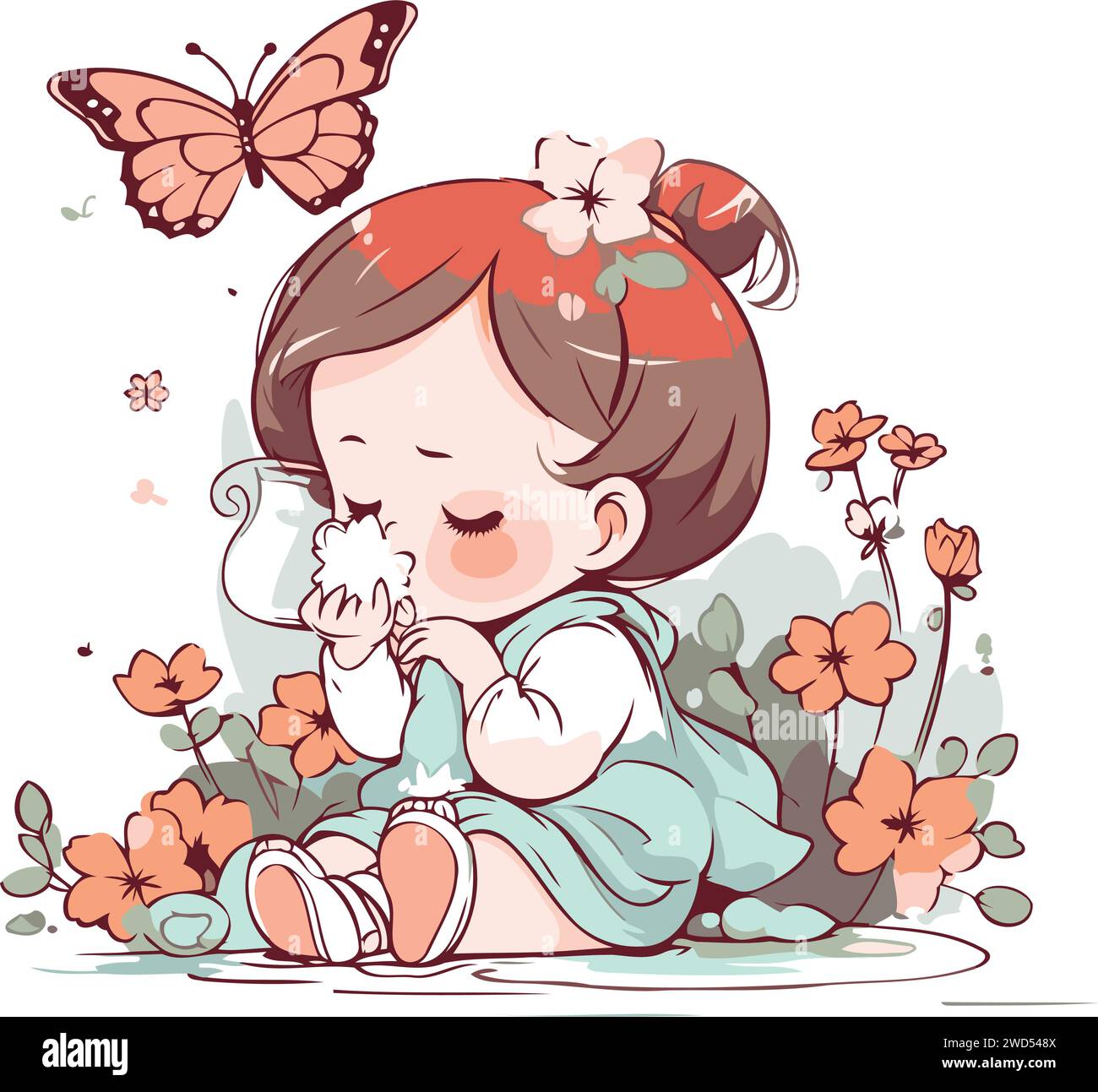 Cute little girl with flowers and butterflies. Vector hand drawn ...