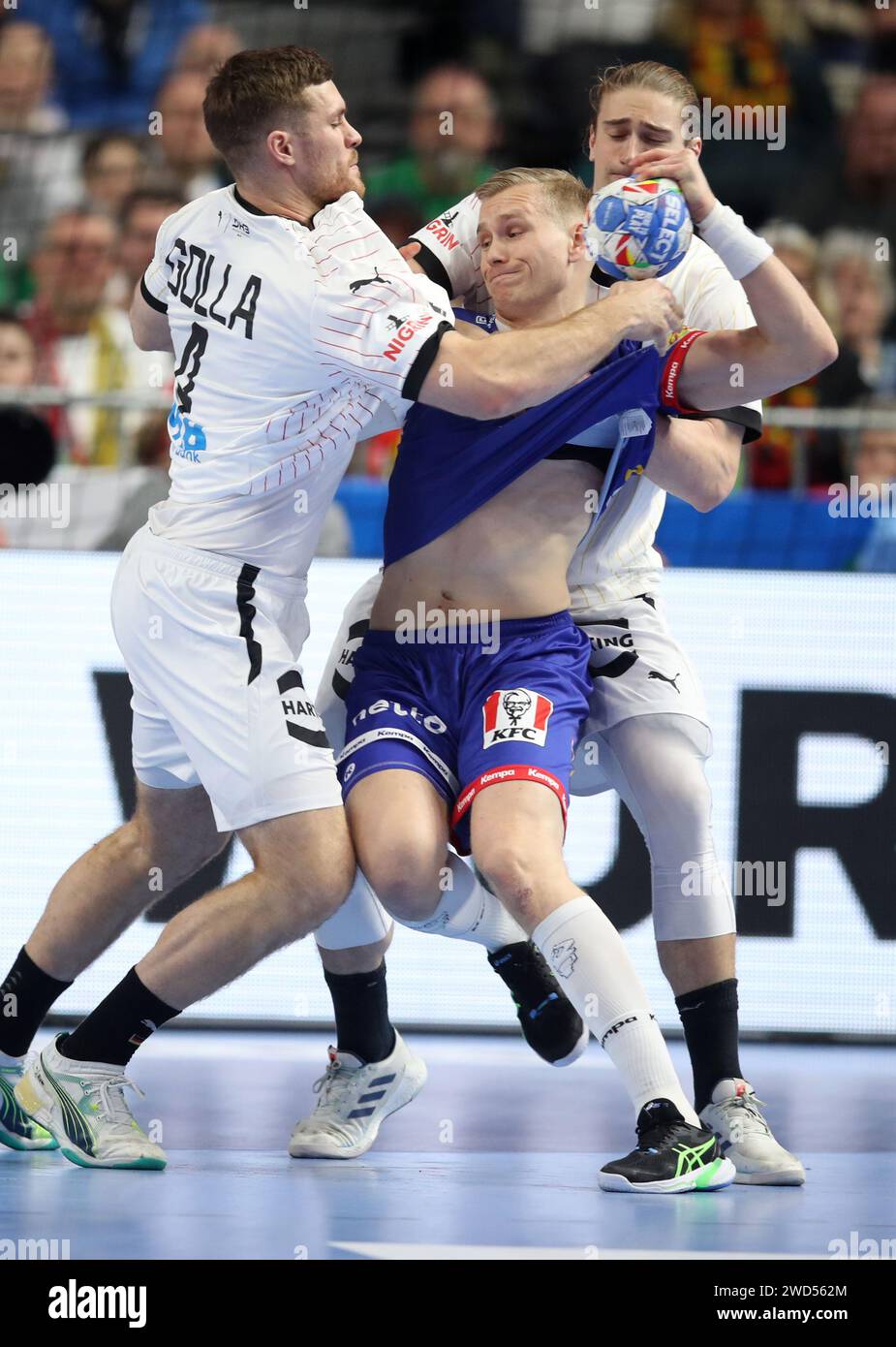 Johannes Golla of Germany, Juri Knorr of Germany, Ellidi Vidarsson of Iceland Germany vs Iceland ...