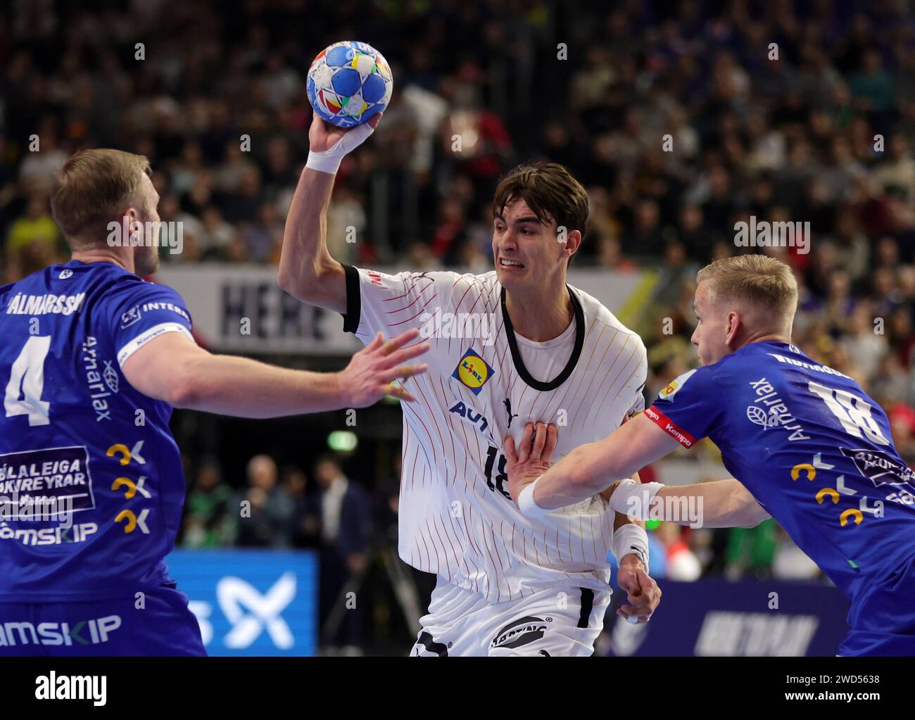 Julian Koster of Germany, Ellidi Vidarsson of Iceland Germany vs Iceland EHF Mens Handball EURO ...