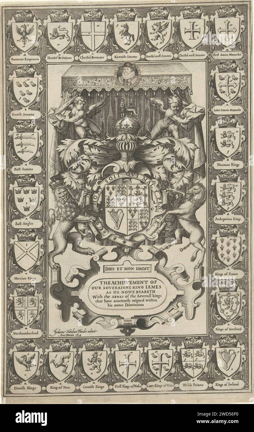 Coat of arms of England surrounded by weapons, Jodocus Hondius (I ...