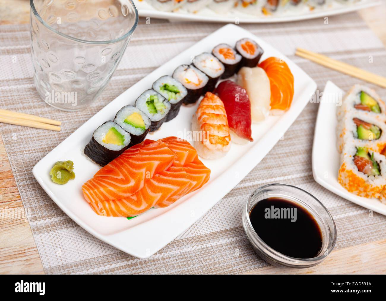 Set of different sushi maki, nigiri and sashimi close up Stock Photo ...