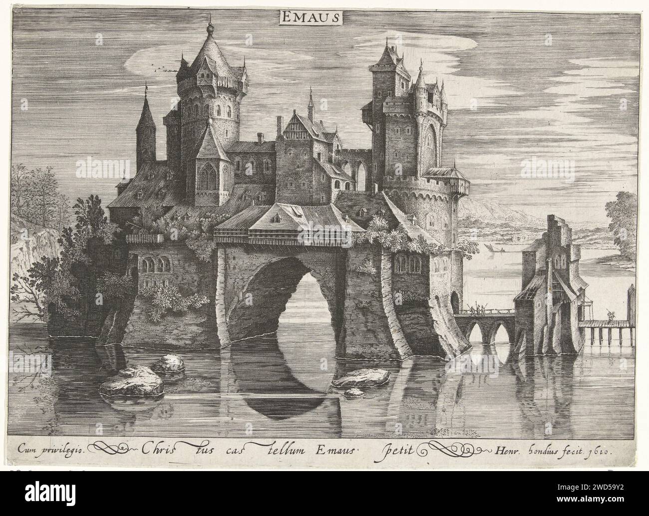Castle with water surrounded, Hendrick Hondius (I), 1610 print View of ...