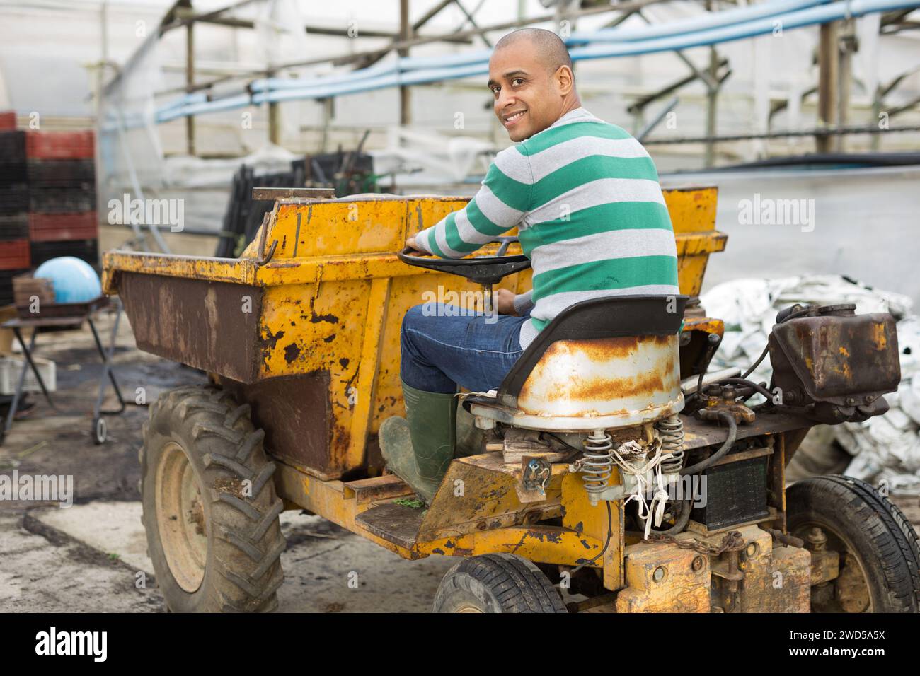 Latin american male farmer driving a mini dump truck, drives out to ...