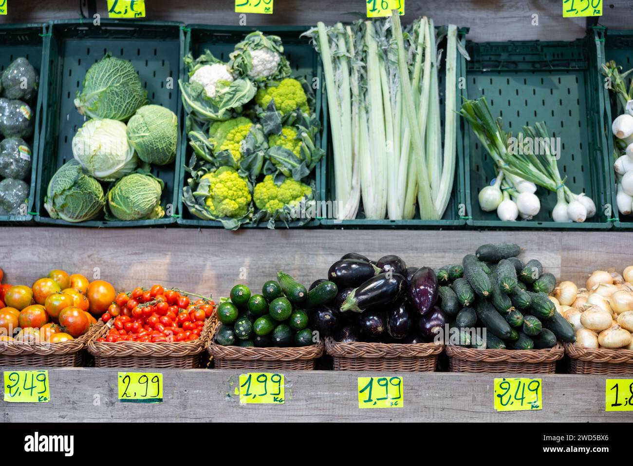 Large assortment of freshly harvested vegetables showcased on display ...
